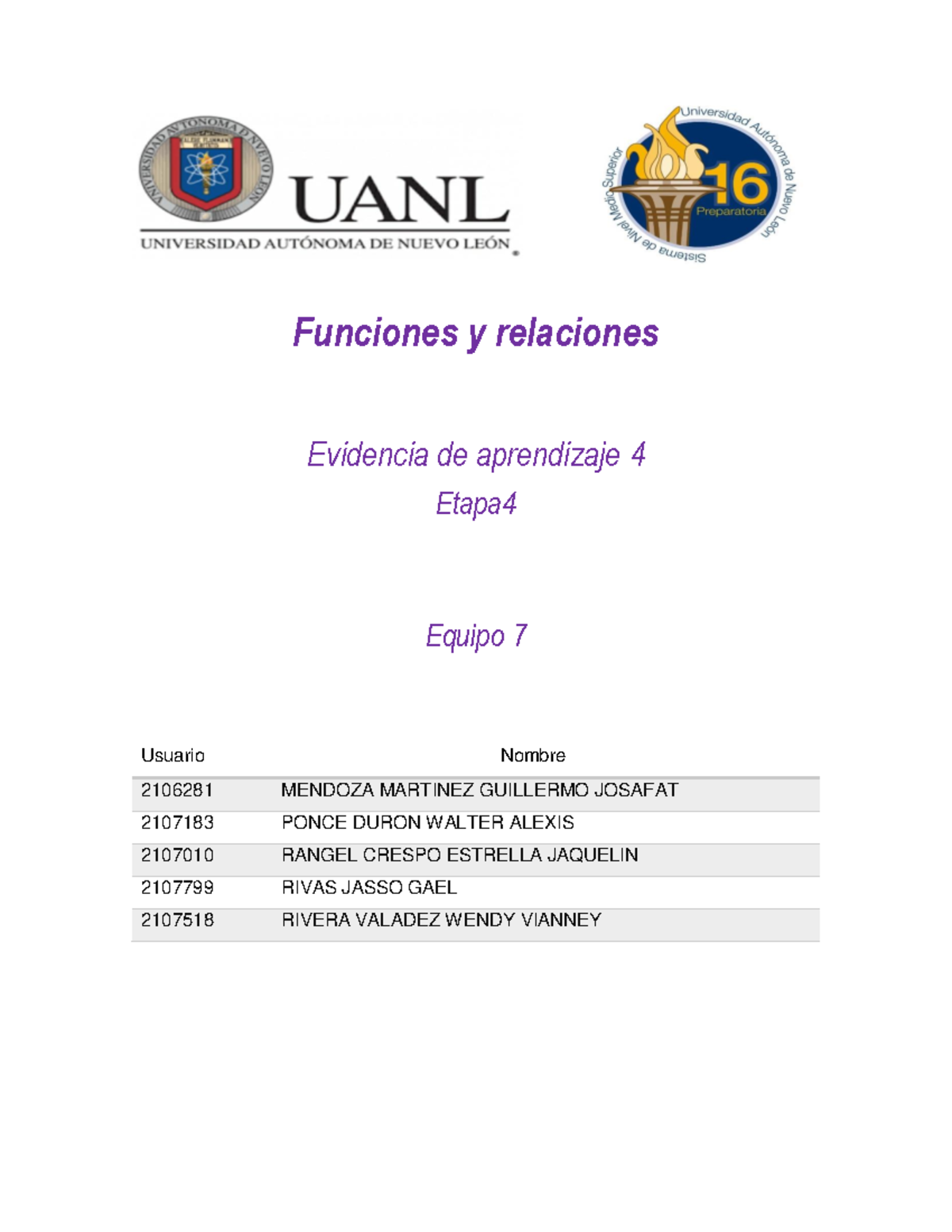 Equipo 7 Cy ELA EV4 Etapa 4 - Funciones y relaciones Evidencia de aprendizaje 4 Etapa Equipo 7 ...