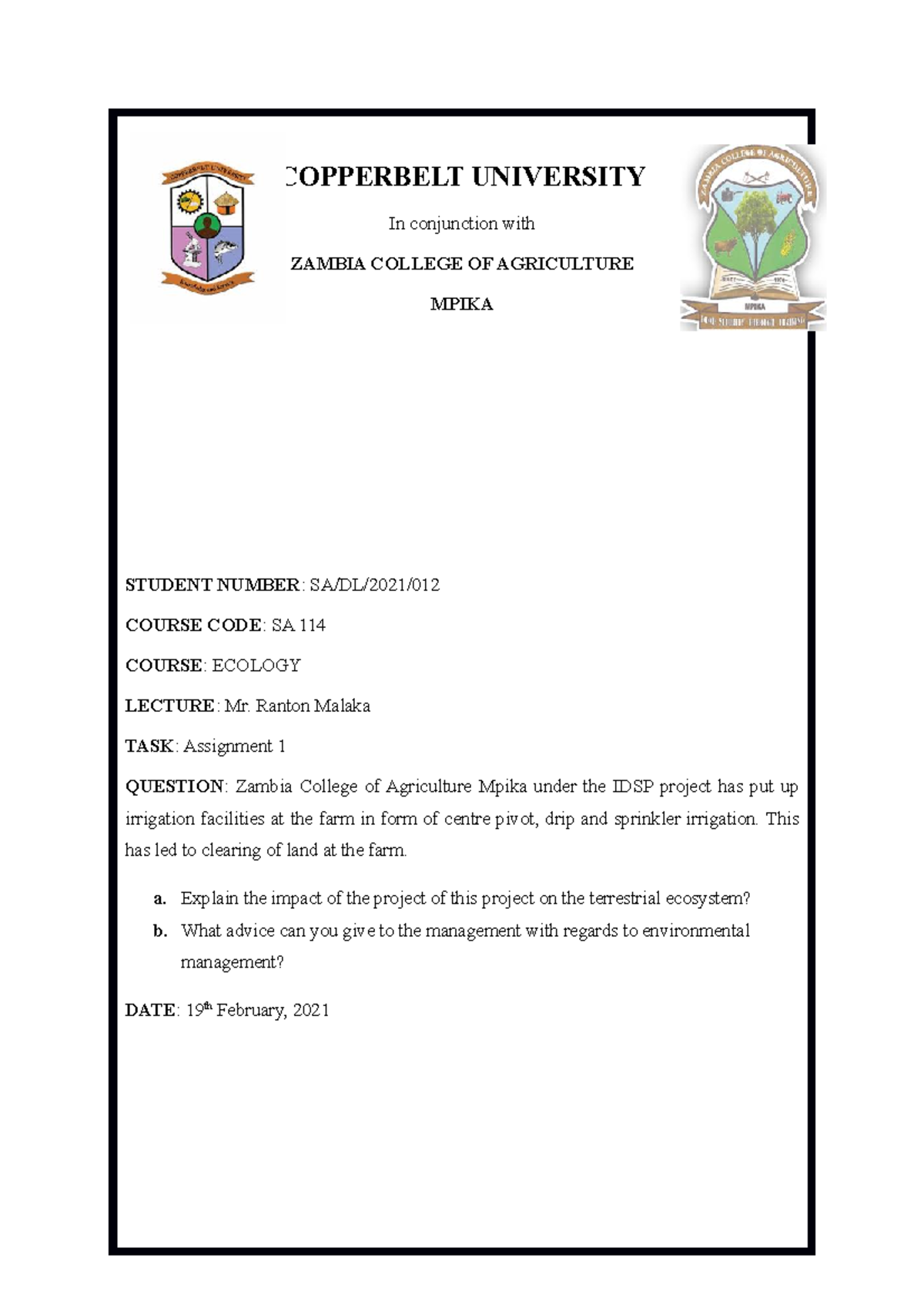 Ecology Assignment - COPPERBELT UNIVERSITY In conjunction with ZAMBIA ...