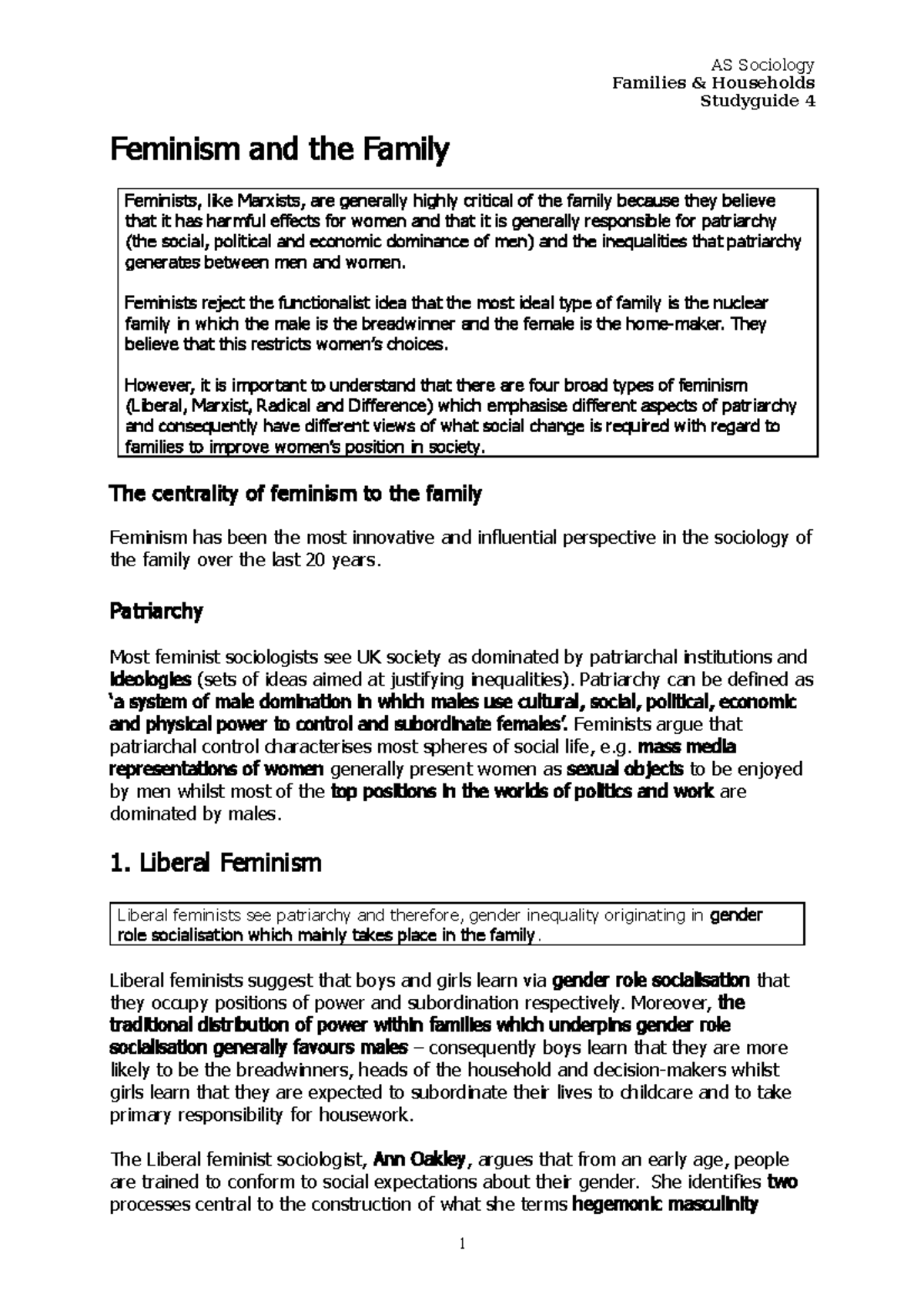 fem view on hsc - Families & Households Studyguide 4 Feminism and the ...