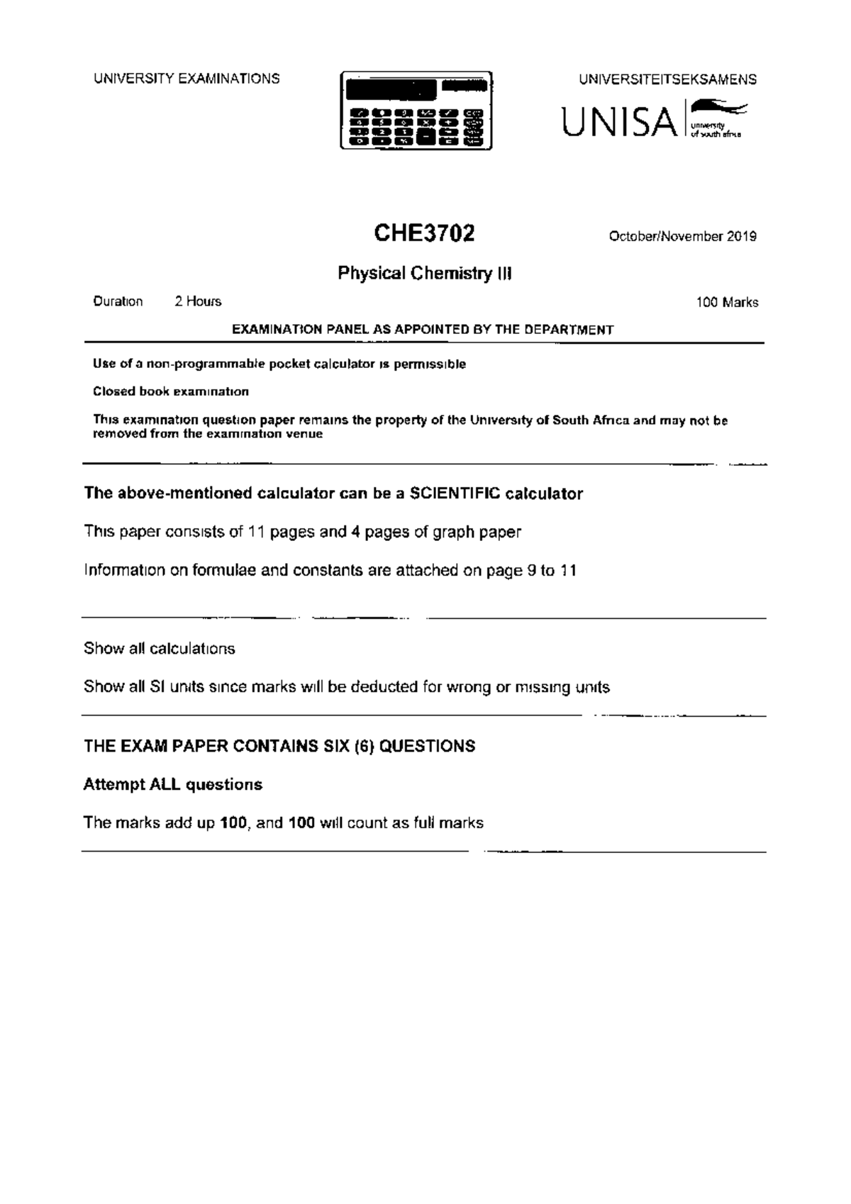 CHE3702 2019 10 E 1 - Exam - CHE3702 - Studocu