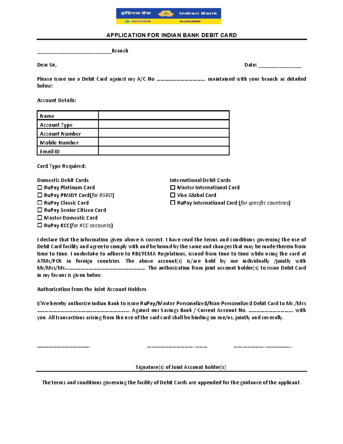 ATM Form Indian Bank - APPLICATION FOR INDIAN BANK DEBIT CARD ...