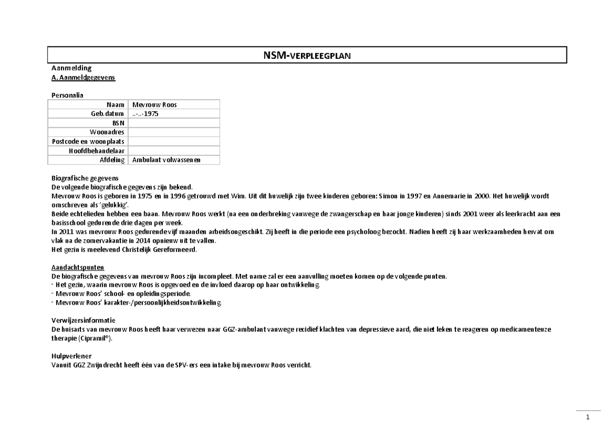 NSM-verpleegplan Inge Roos (week 2-3) - NSM-VERPLEEGPLAN Aanmelding A ...