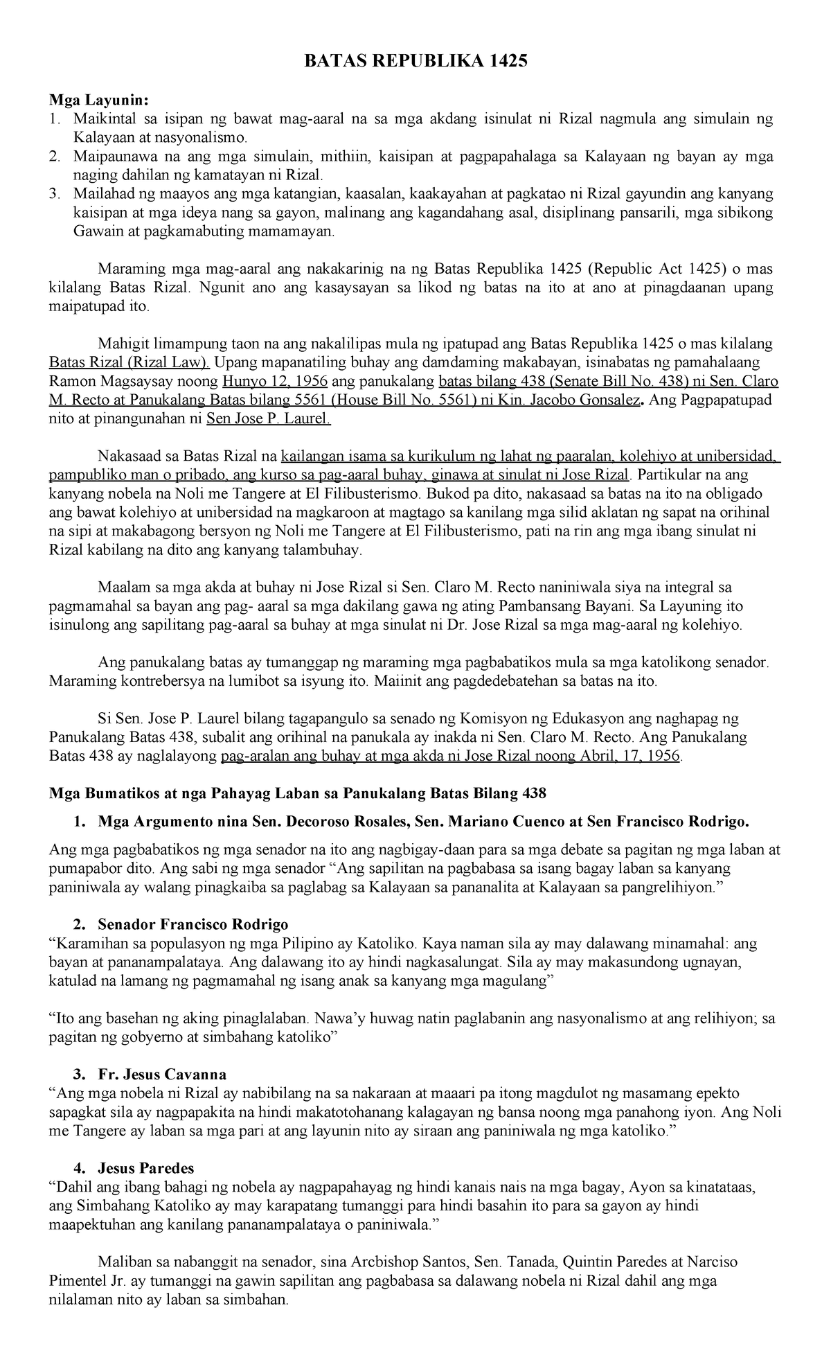 Batas-rizal - batas rizal - BATAS REPUBLIKA 1425 Mga Layunin: Maikintal ...