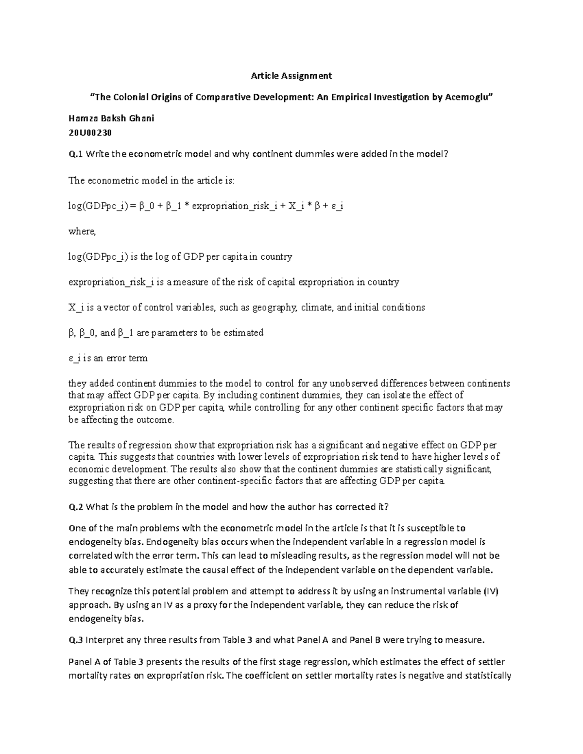 Article Assignment - Article Assignment “The Colonial Origins of ...