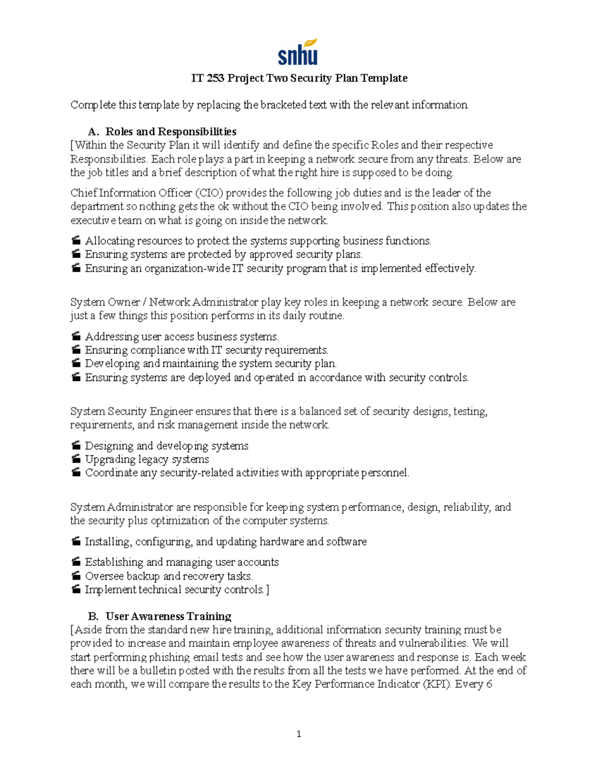 IT 253 Project Two Security Plan Template Complete - A. Roles and ...