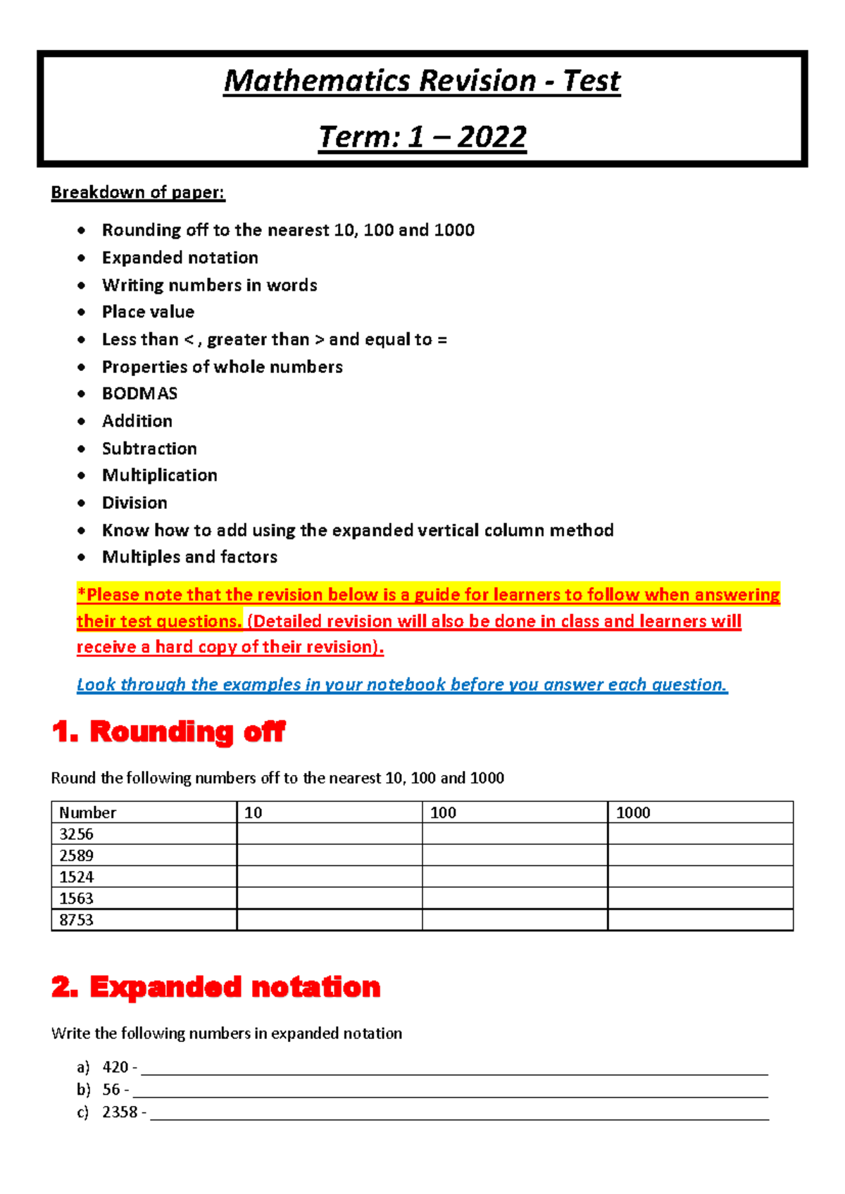Maths revision term 1 test - Mathematics Revision - Test Term: 1 – 2022 ...