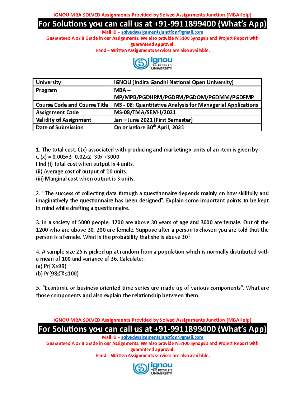MS08 Quantitative Analysis for Managerial Applications JAN 2021 - IGNOU MBA SOLVED Assignments ...