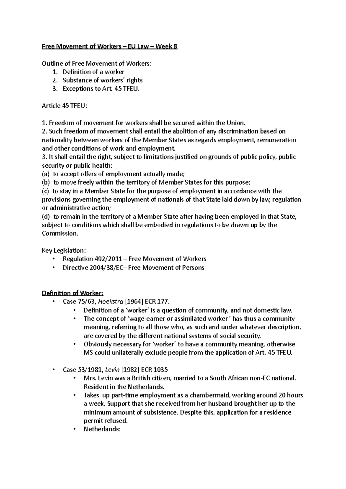 Free Movement of Workers - EU Law Week 8 - Free Movement of Workers ...