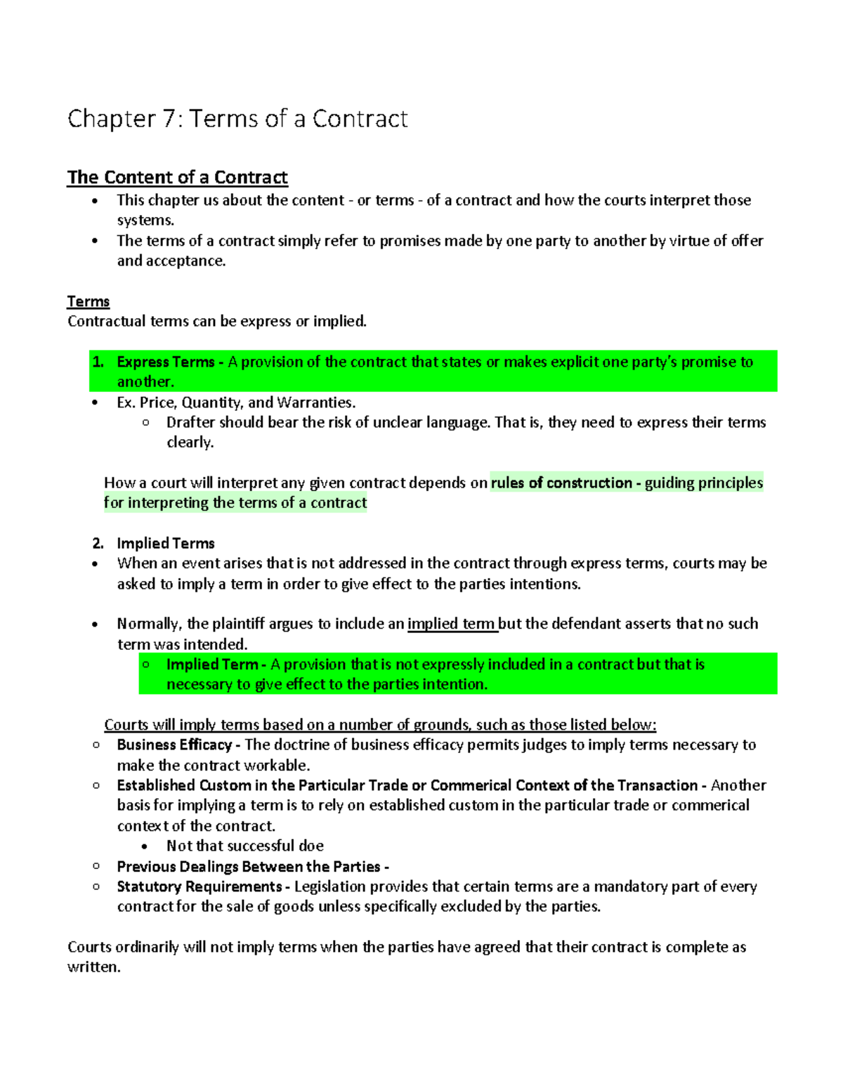 Chapter 7 -Terms of Contracts - Chapter 7: Terms of a Contract The Content of a Contract • This ...
