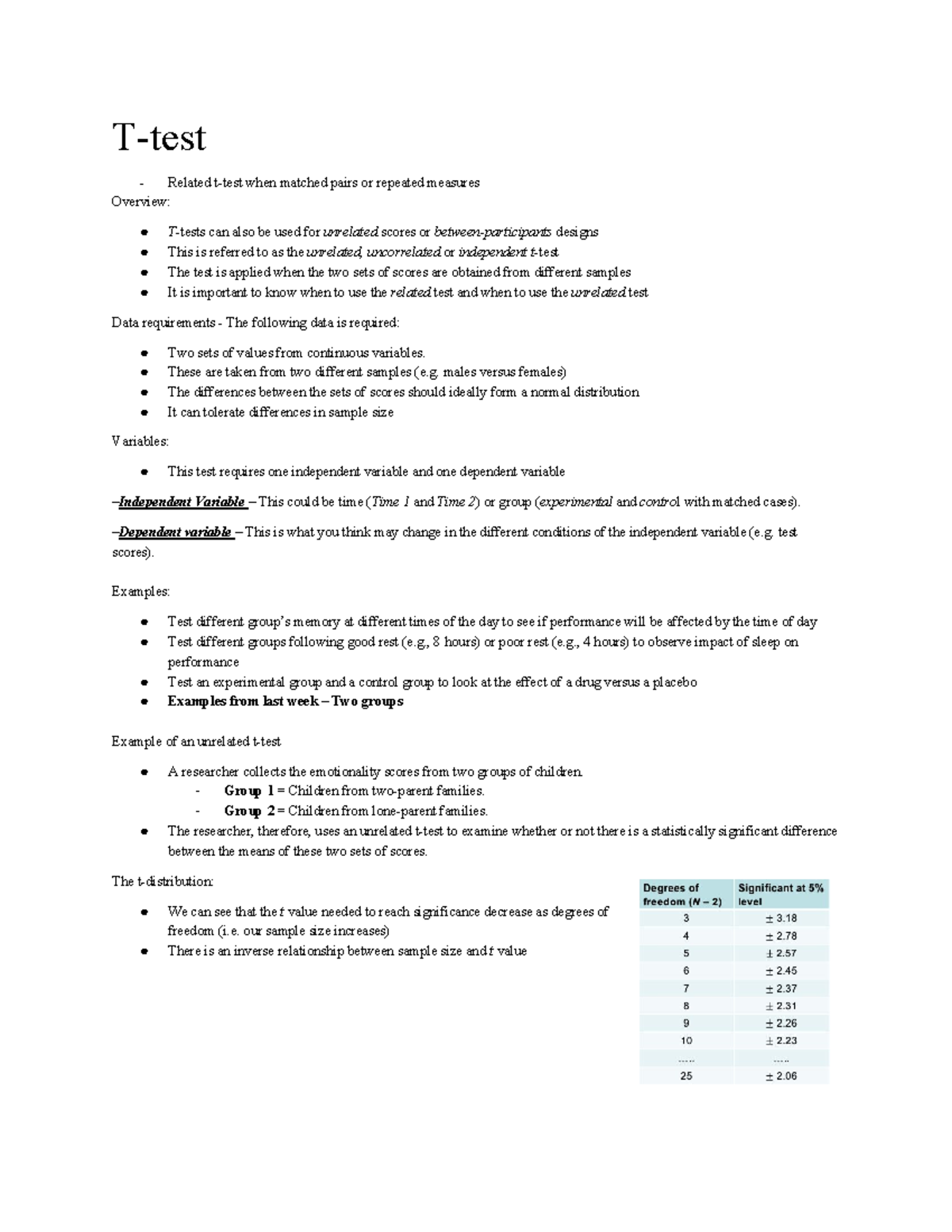 T-test - Lecture notes 13 - T-test Related t-test when matched pairs or ...