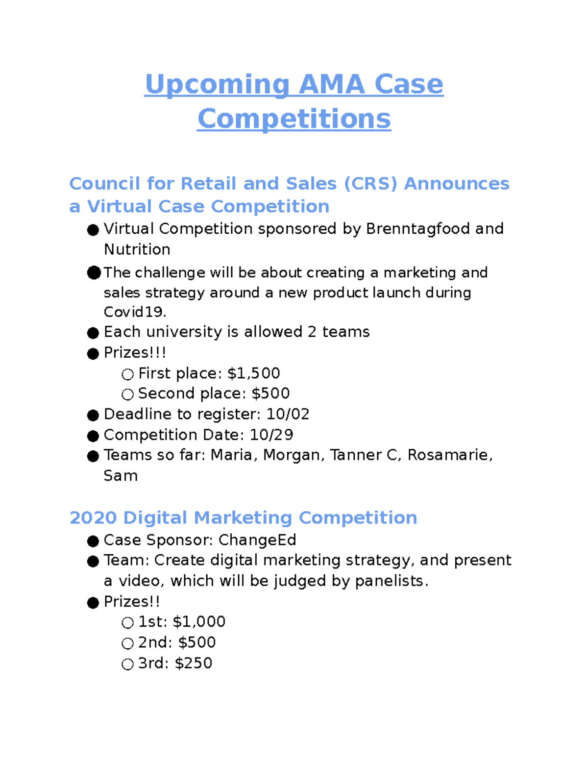 AMA case competitions to discuss at the meeting - MKTG 460 - Bloomsburg ...
