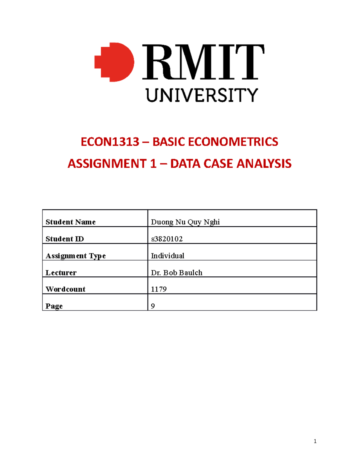 ECON1313 Assignment 1 Duong Nu Quy Nghi s382010 2 - ECON1313 – BASIC ECONOMETRICS ASSIGNMENT 1 ...