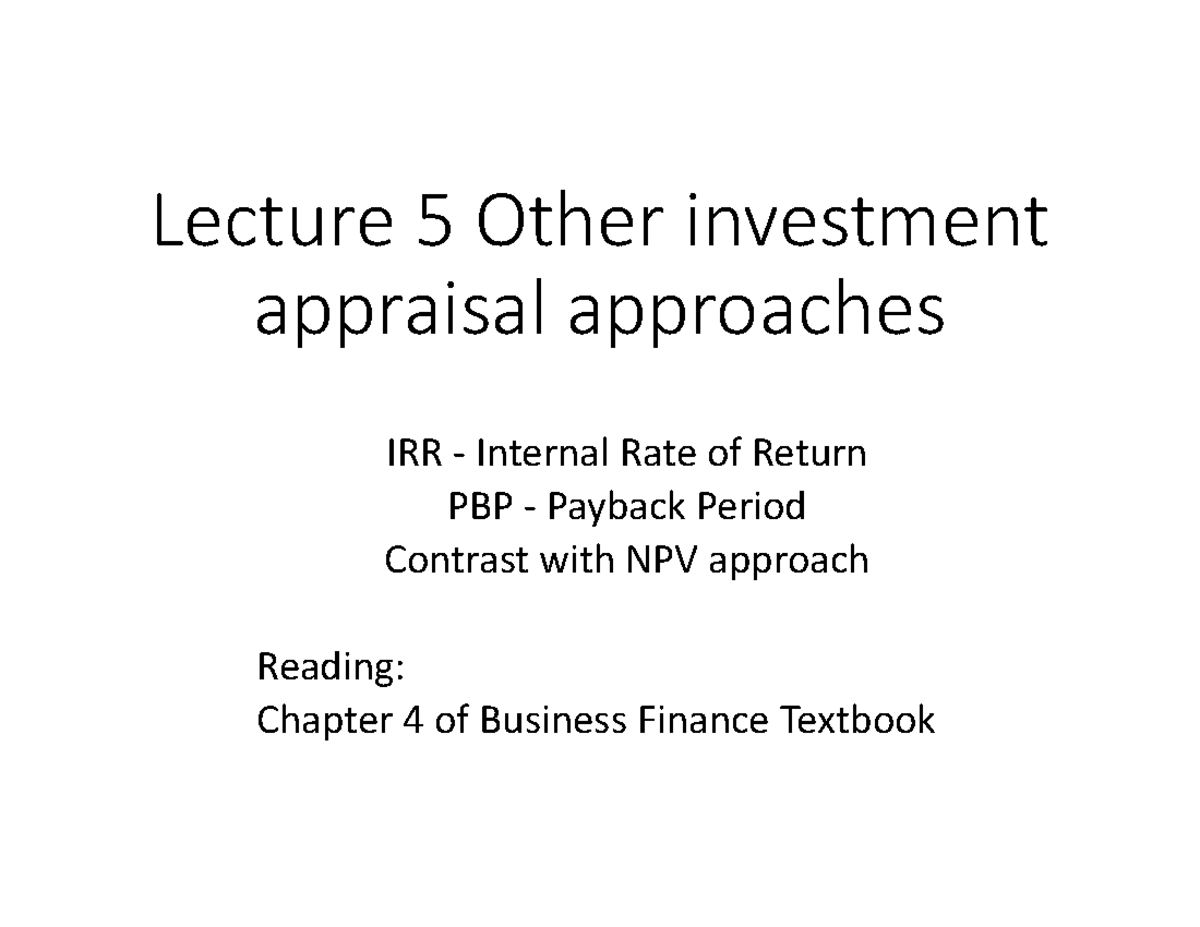 Invest Appraisal methods and practical matters - Lecture 5 Other ...