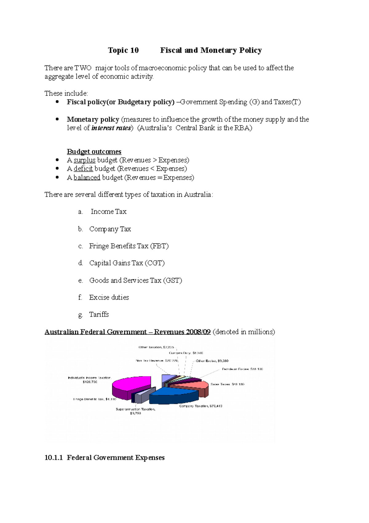 Topic 10 - Fiscal and Monetary Policy - Topic 10 Fiscal and Monetary ...