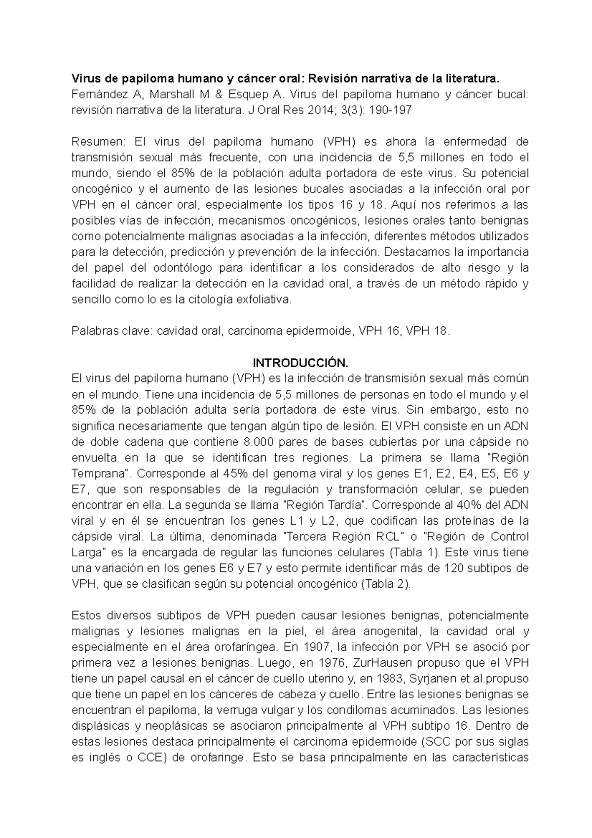 Virus del papiloma humano - Fernández A, Marshall M & Esquep A. Virus ...