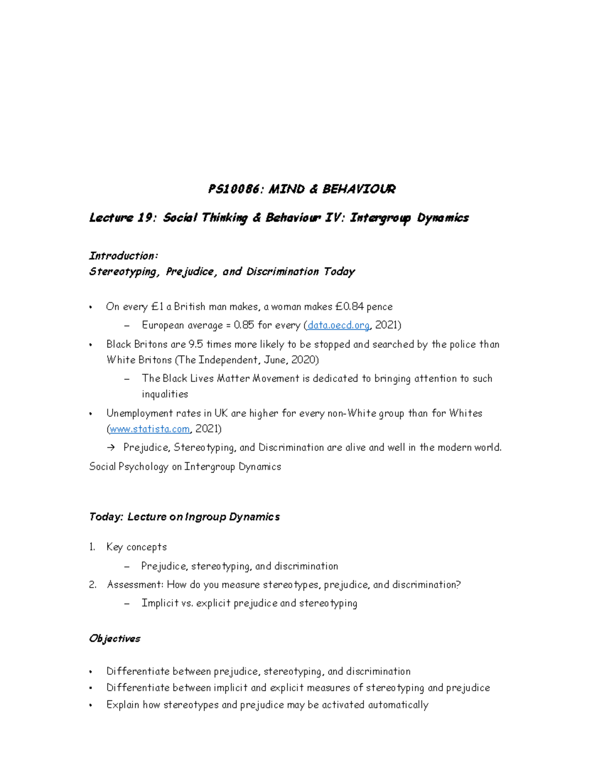 Completed handout for lecture 19b Adam- Social influence - PS10086: MIND & BEHAVIOUR Lecture 19 ...