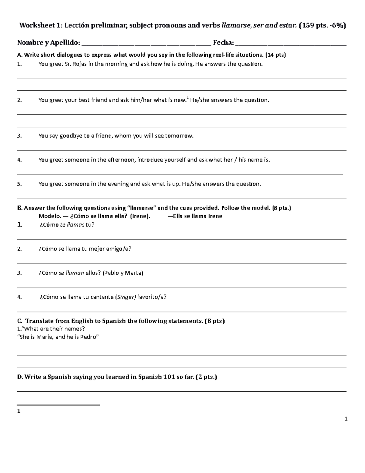 Worksheet 1 Basic conversations in Spanish using verbs llamarse, ser ...