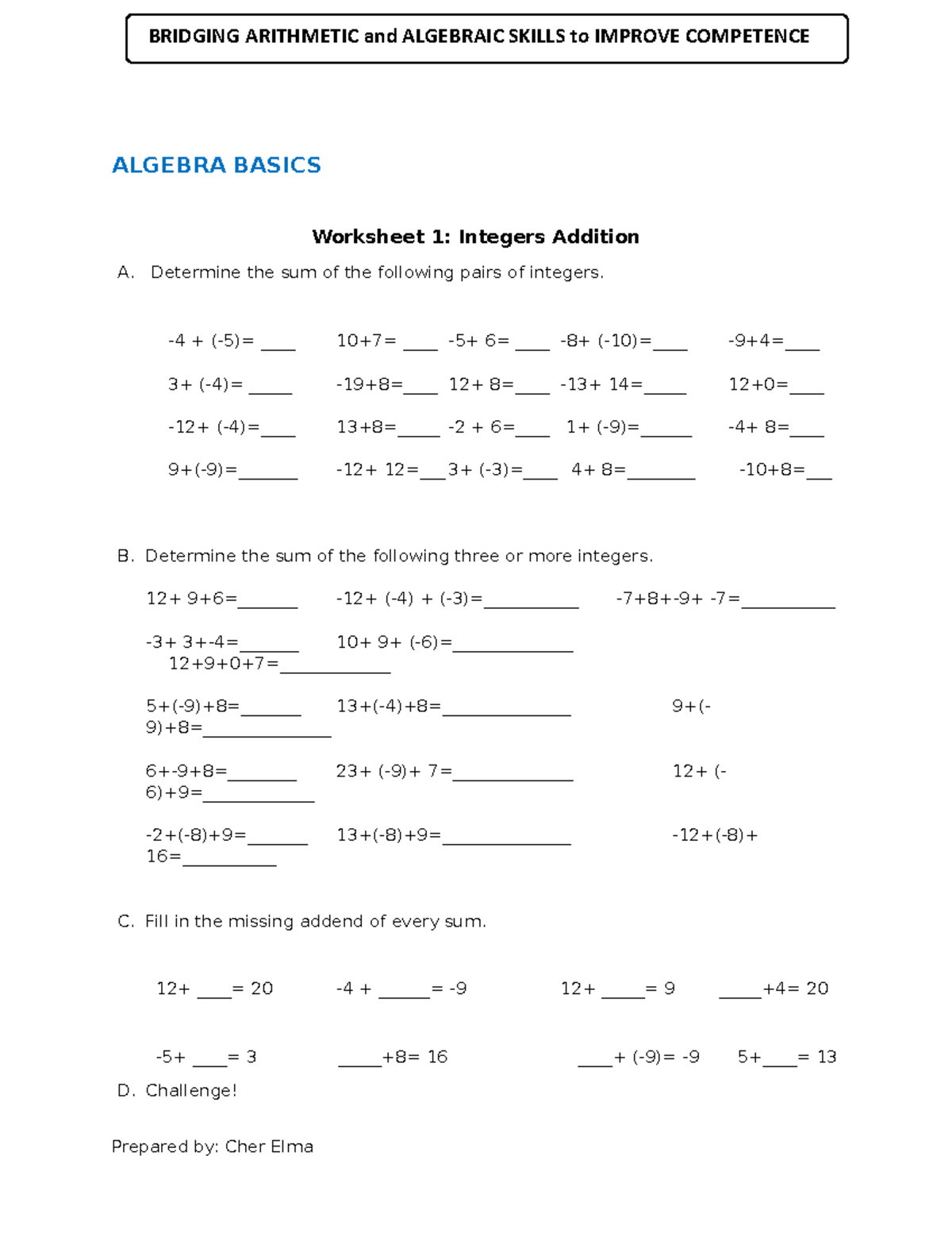 Algebra Basics Basic Math ALGEBRA BASICS Worksheet 1 Integers