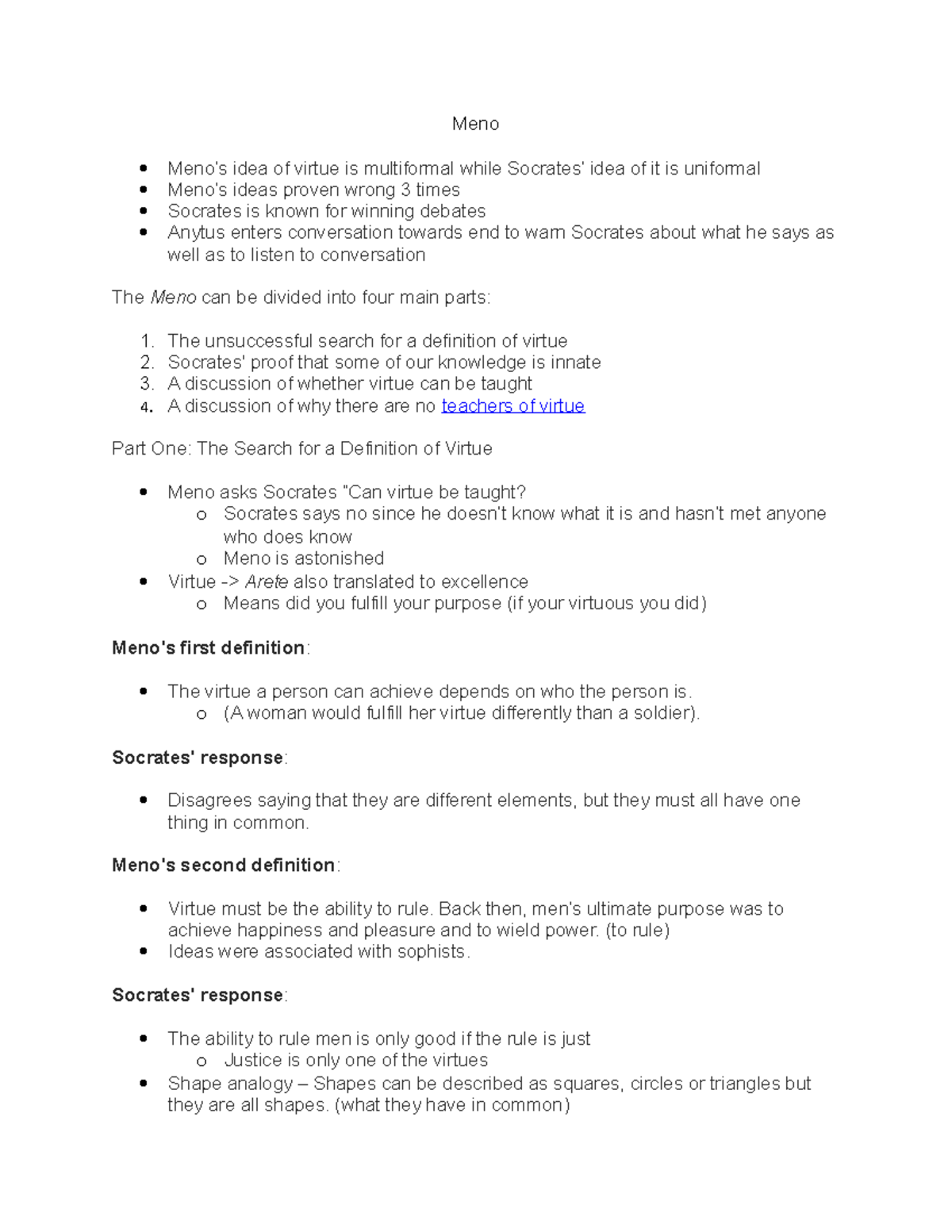 Meno Summary - Lecture notes 1-5 - Meno Meno’s idea of virtue is ...