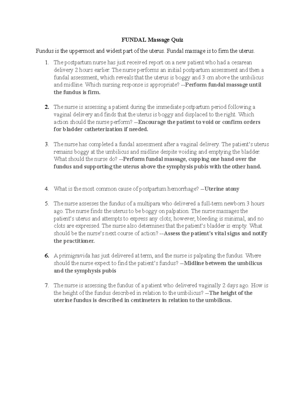 Fundal Massage Quiz - FUNDAL Massage Quiz Fundus is the uppermost and ...