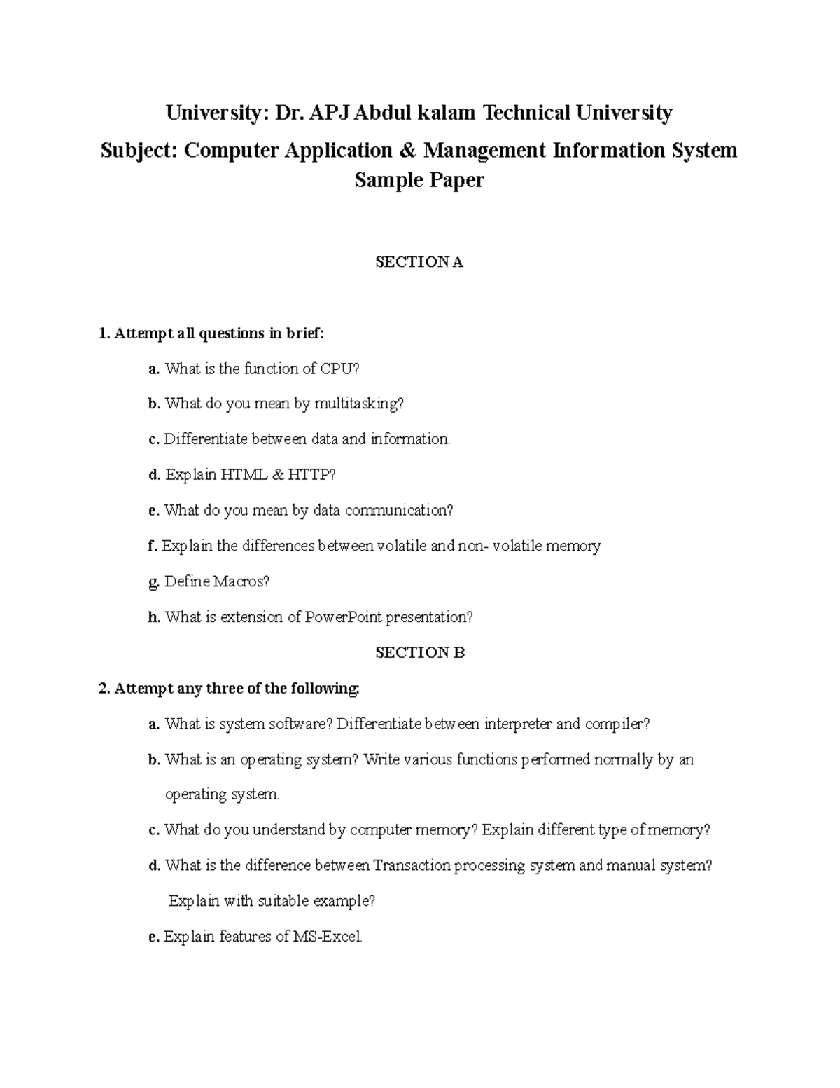 Management information system sample question paper - University: Dr ...