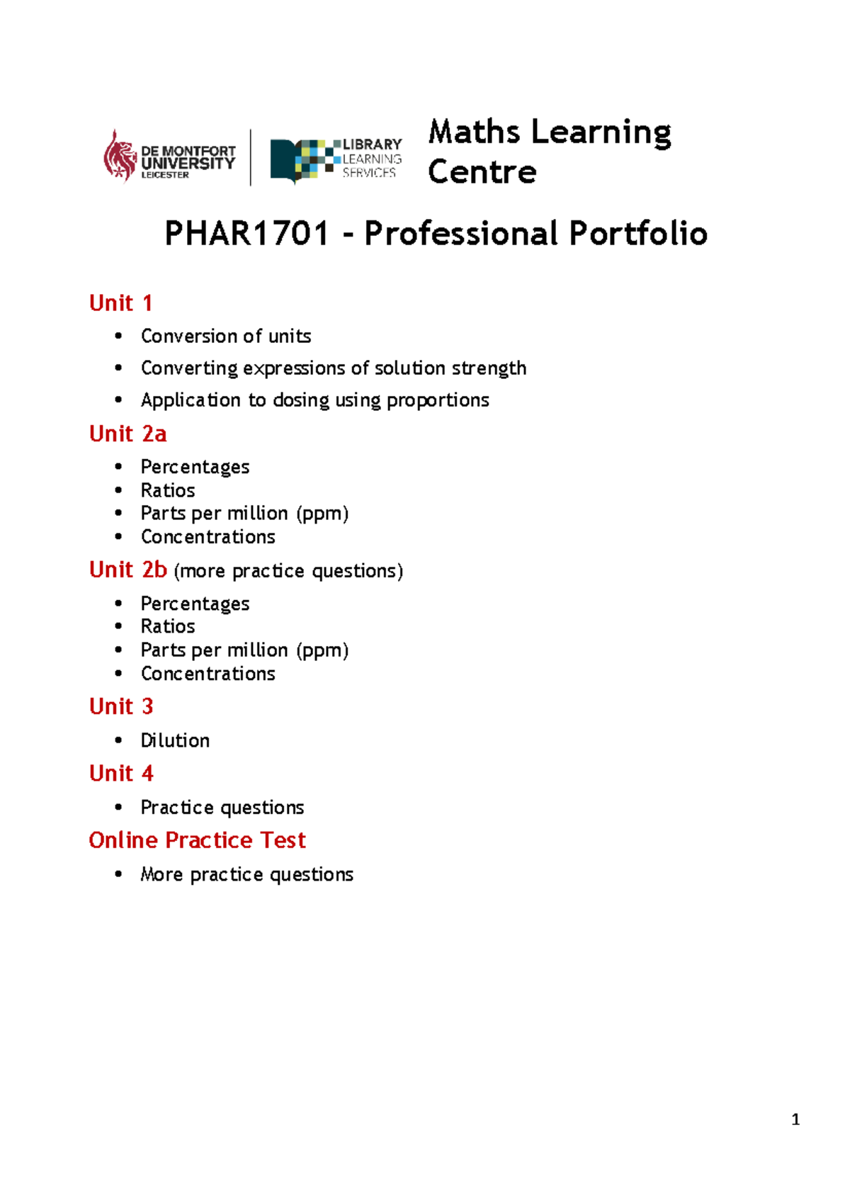 Calculations Exam Workbook - Units 1-4 - Maths Learning Centre PHAR1701 ...