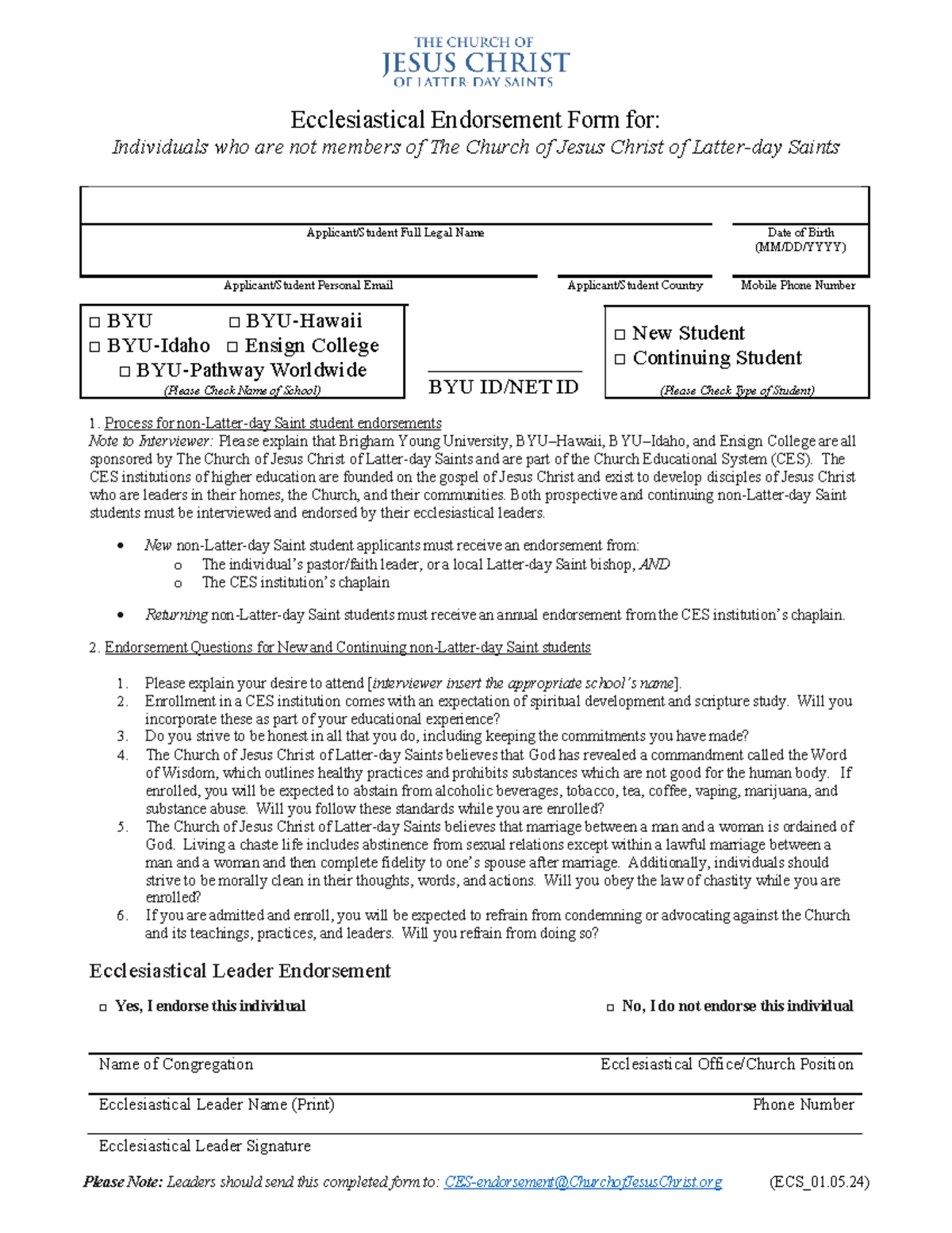 CES Ecclesiastical Endorsement Non-Latter-day Saint - Ecclesiastical Endorsement Form for: - Studocu