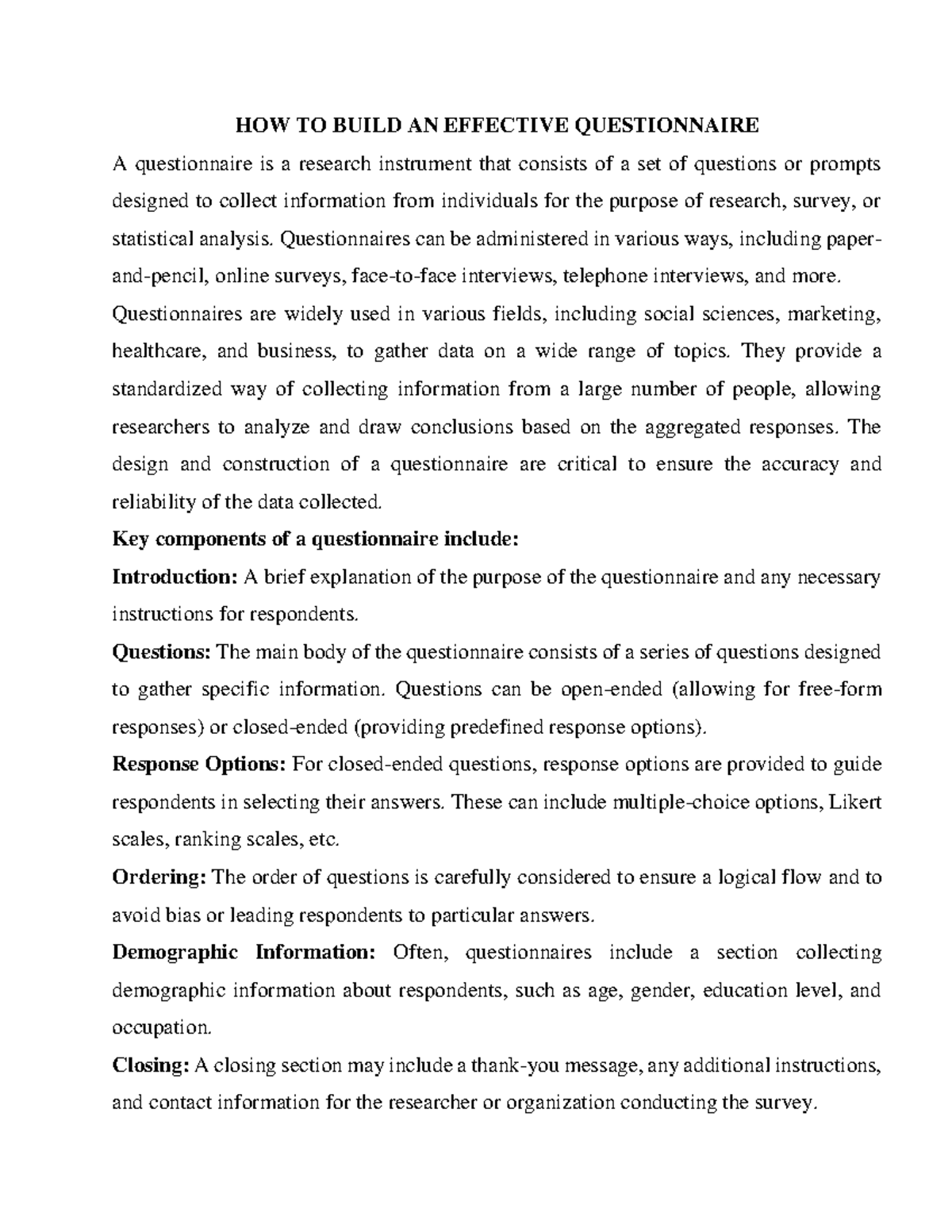 HOW TO Build AN Effective Questionnaire - HOW TO BUILD AN EFFECTIVE ...