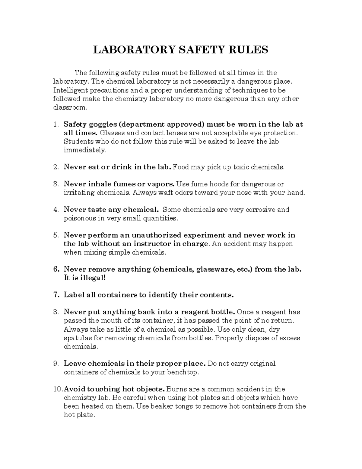 Lab Safety Rules - LABORATORY SAFETY RULES The following safety rules ...