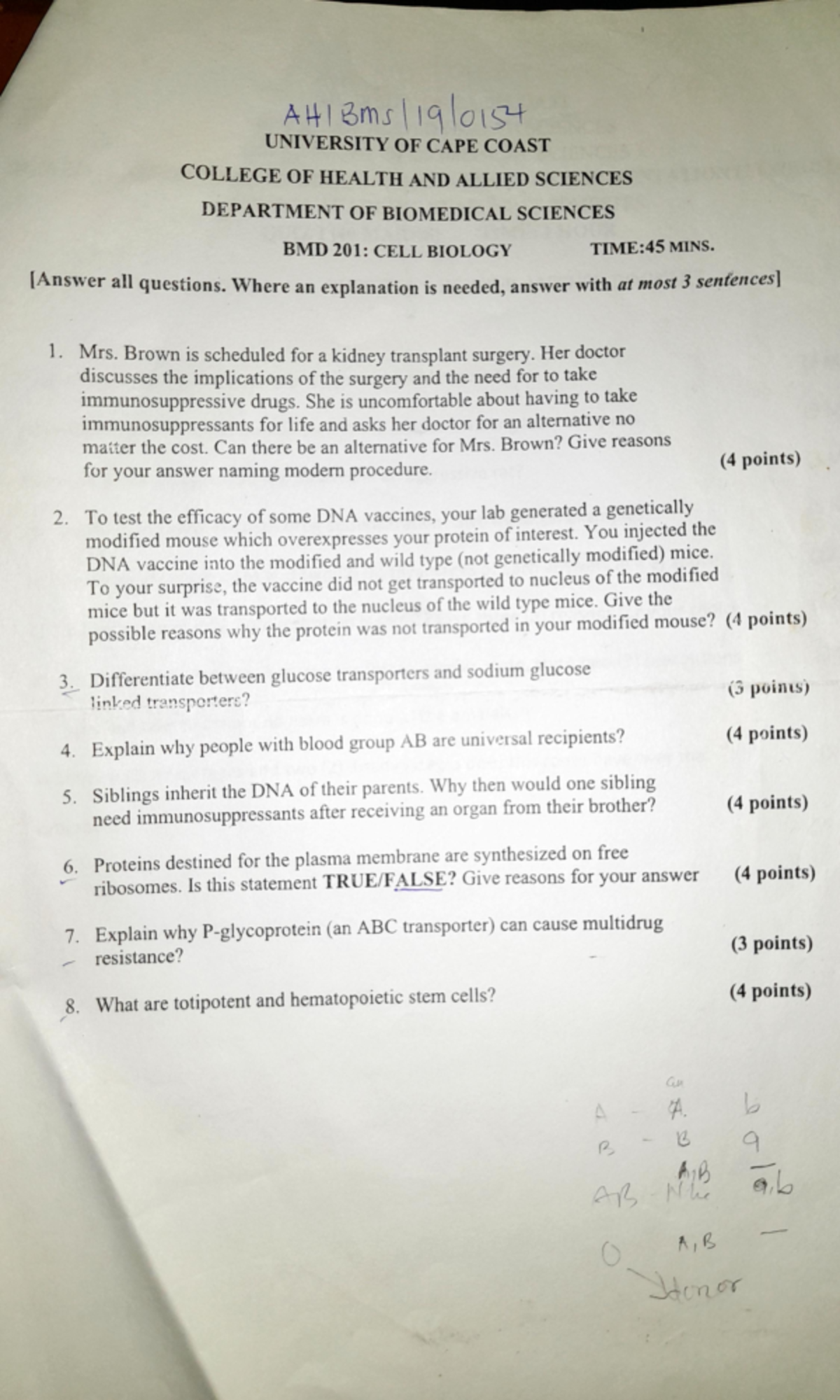 BMD 201 (Cell Biology quiz 1) exams questions - Medical Biochemistry ...