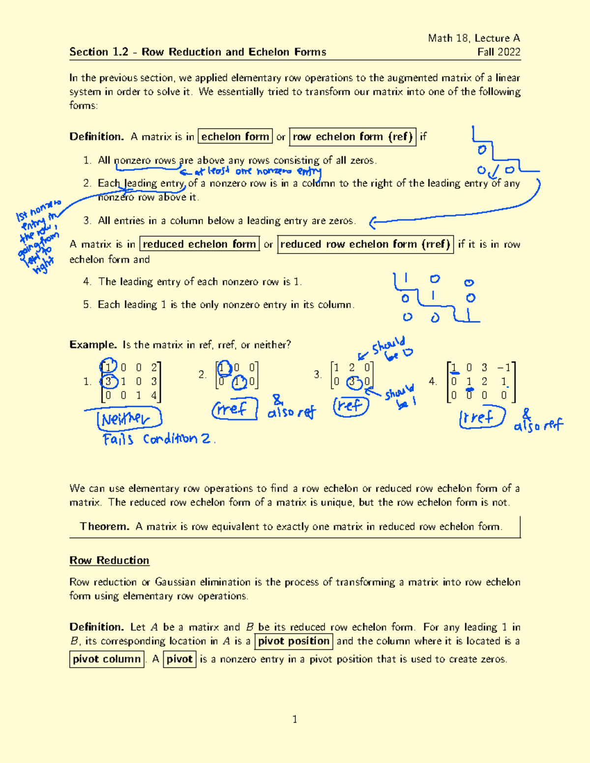 Section 1 - 1.2 - Section 1 - Row Reduction and Echelon Forms Math 18 ...