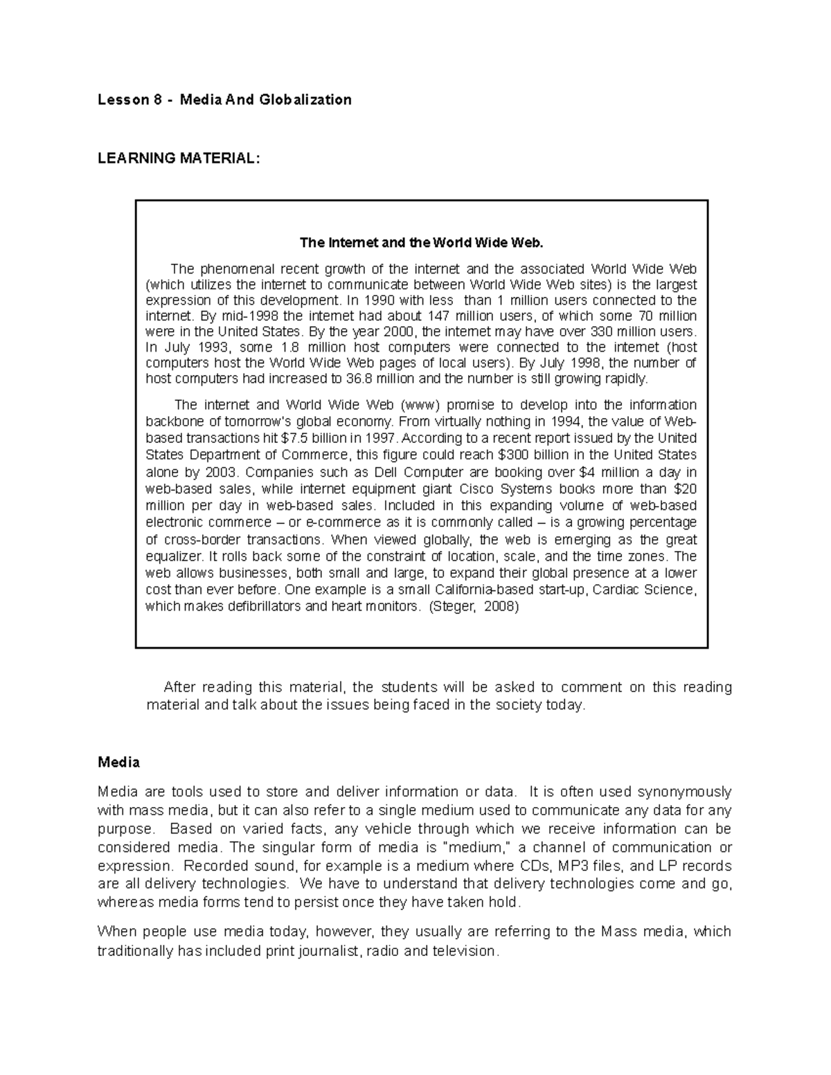 Lesson 8 Media and Globalization - Lesson 8 - Media And Globalization ...