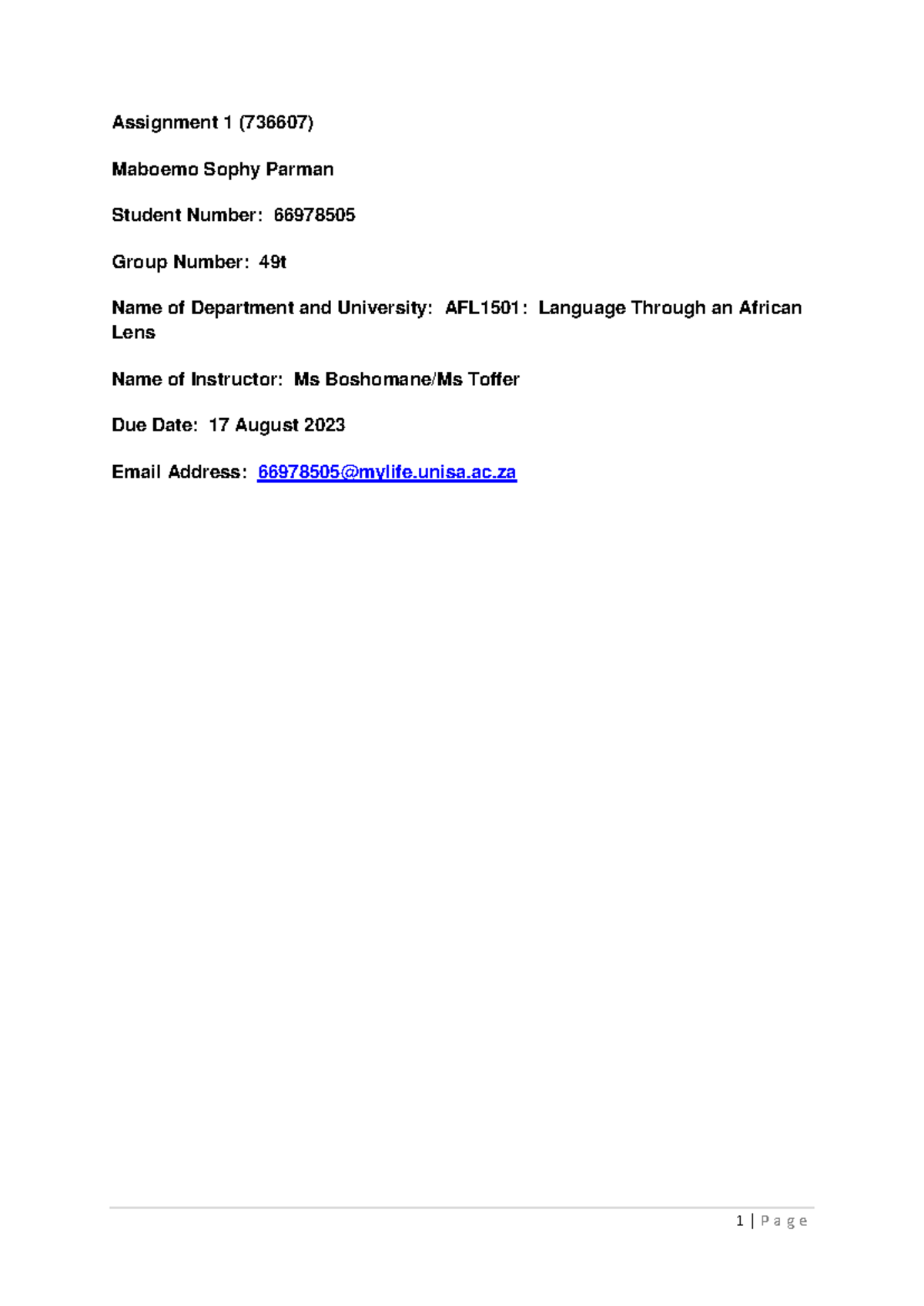 AFL Assignment 1 - TO ASSIST - Assignment 1 (736607) Maboemo Sophy Parman Student Number ...
