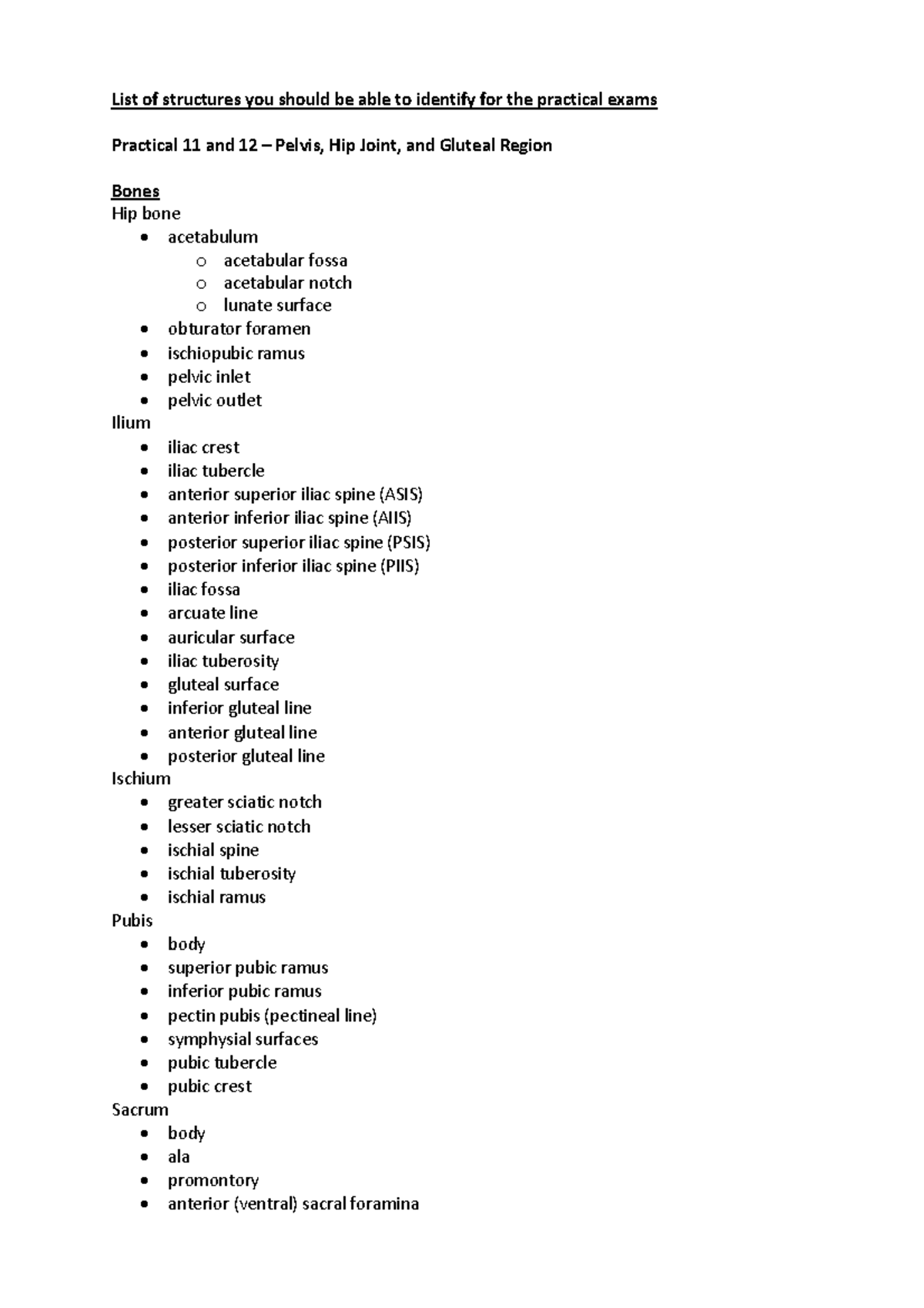 Practical list weeks 1-10 - List of structures you should be able to ...