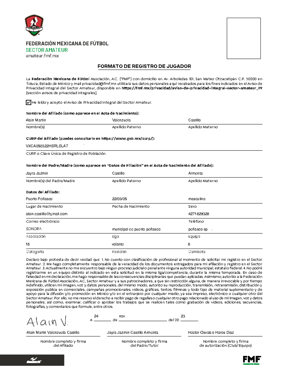 Formato de Afiliacion Jugador - FORMATO DE REGISTRO DE JUGADOR SECTOR ...