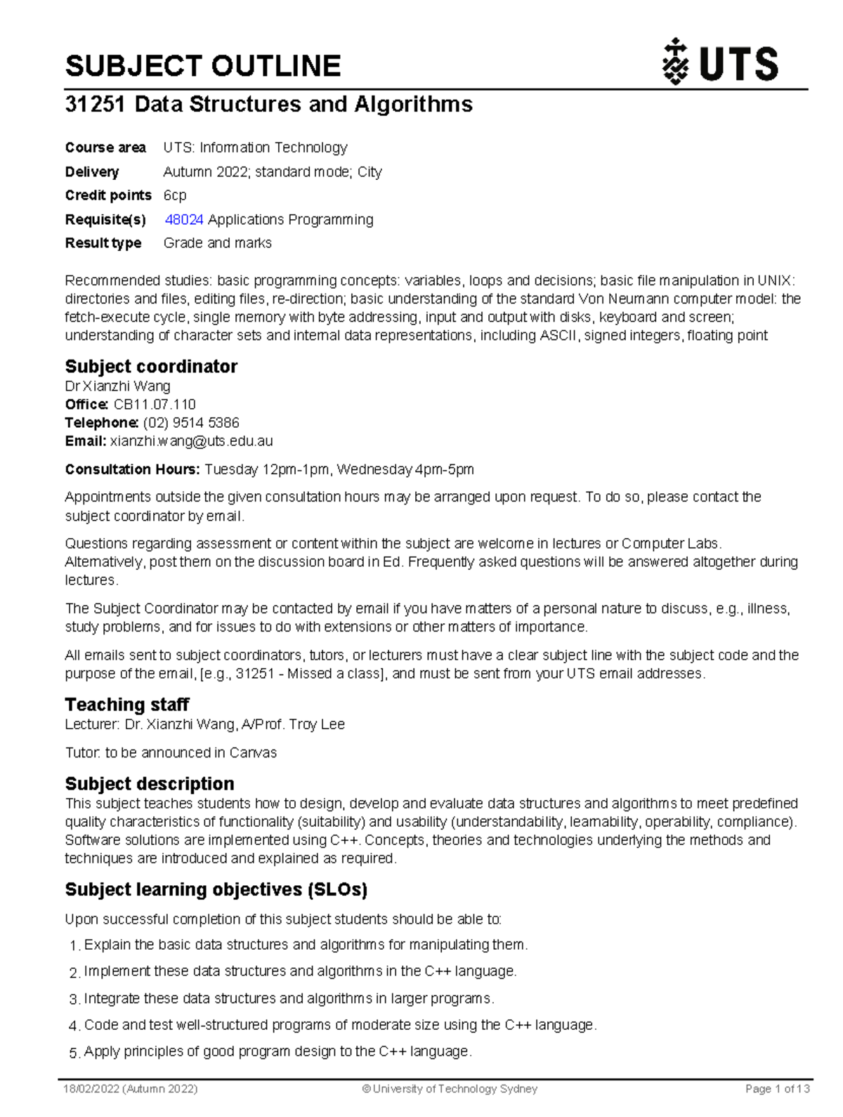 PDFs-5 - Subject Outline - SUBJECT OUTLINE 31251 Data Structures and ...