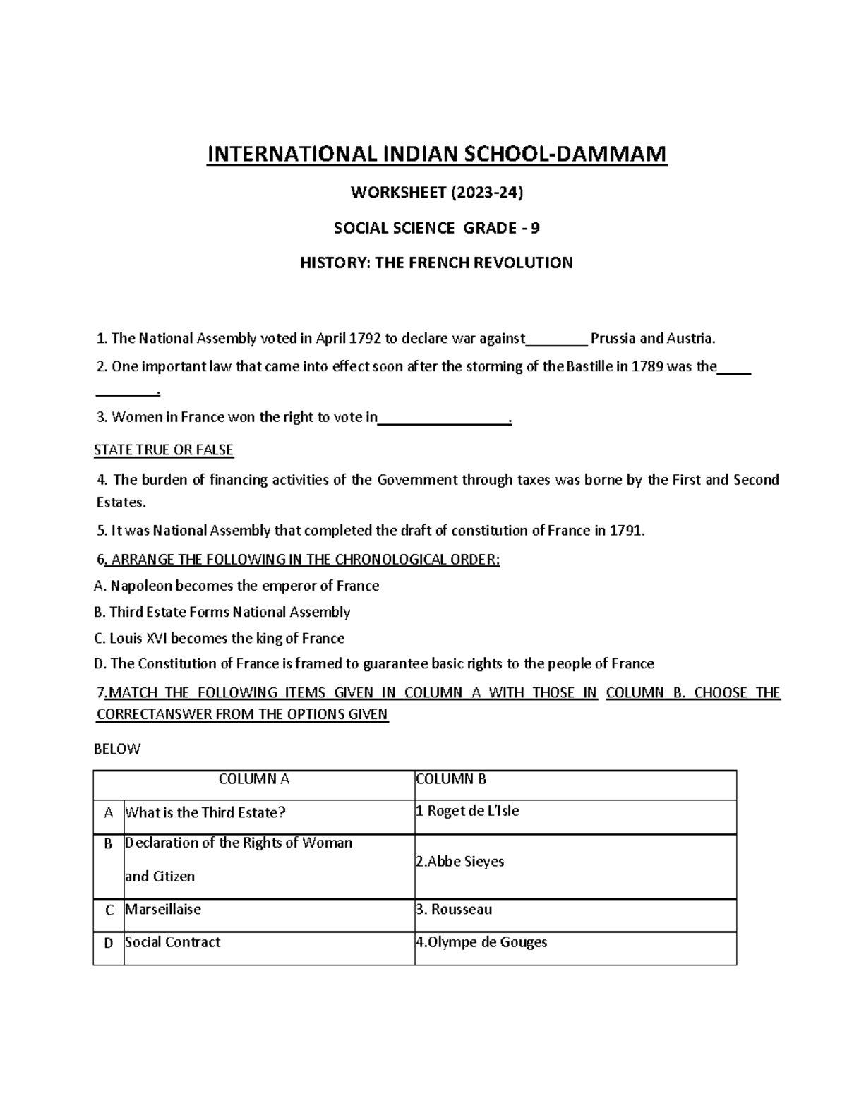 SS HISTORY -9TH - INTERNATIONAL INDIAN SCHOOL-DAMMAM WORKSHEET (202 3 ...