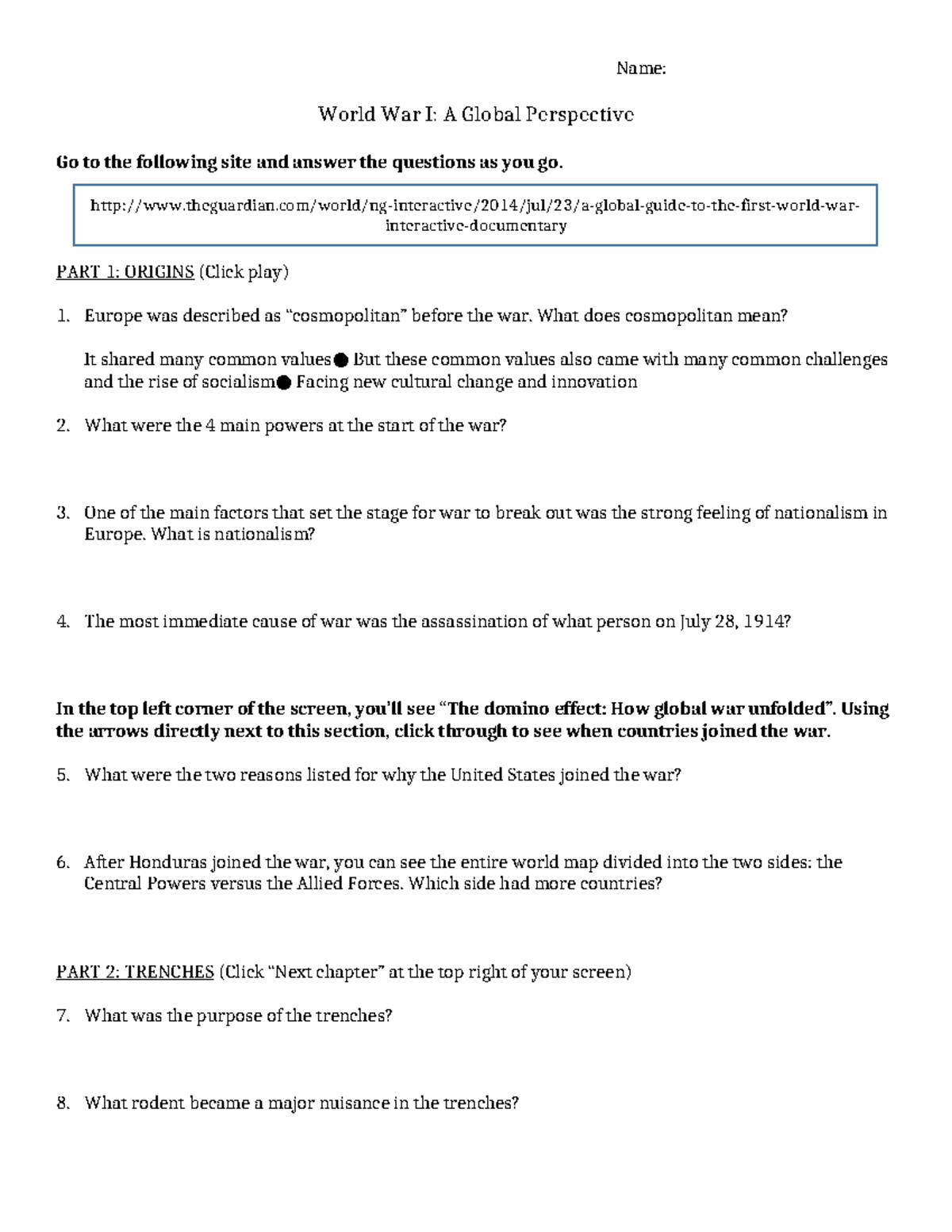 WWI global perspectives 1 - Name: World War I: A Global Perspective Go ...