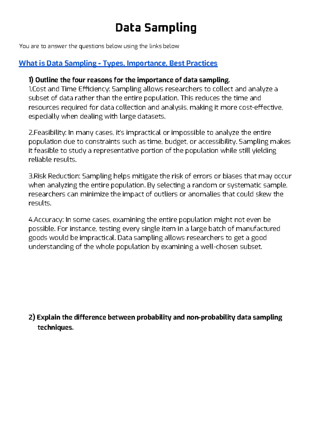 Data Sampling Worksheet - Data Sampling You are to answer the questions ...