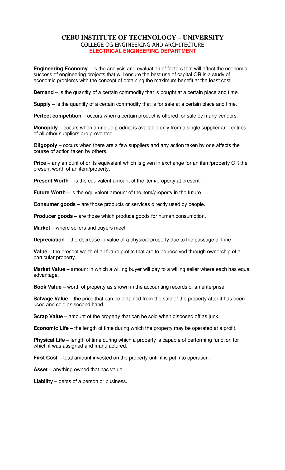 Topic 1 Engineering Economics Basic Terms - CEBU INSTITUTE OF ...