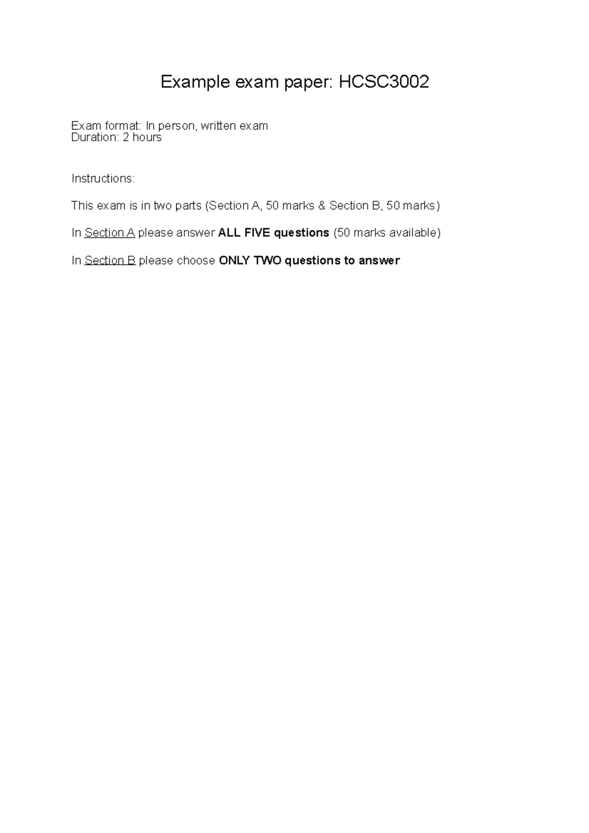 Example HCSC3002 Exam Example Exam Paper HCSC Exam Format In Person