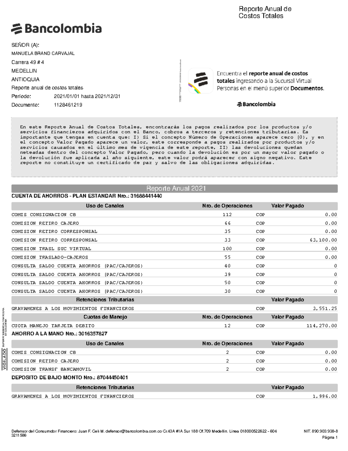 1128461219 - examen - Reporte Anual de Costos Totales SEÑOR (A): MANUELA BRAND CARVAJAL Carrera ...