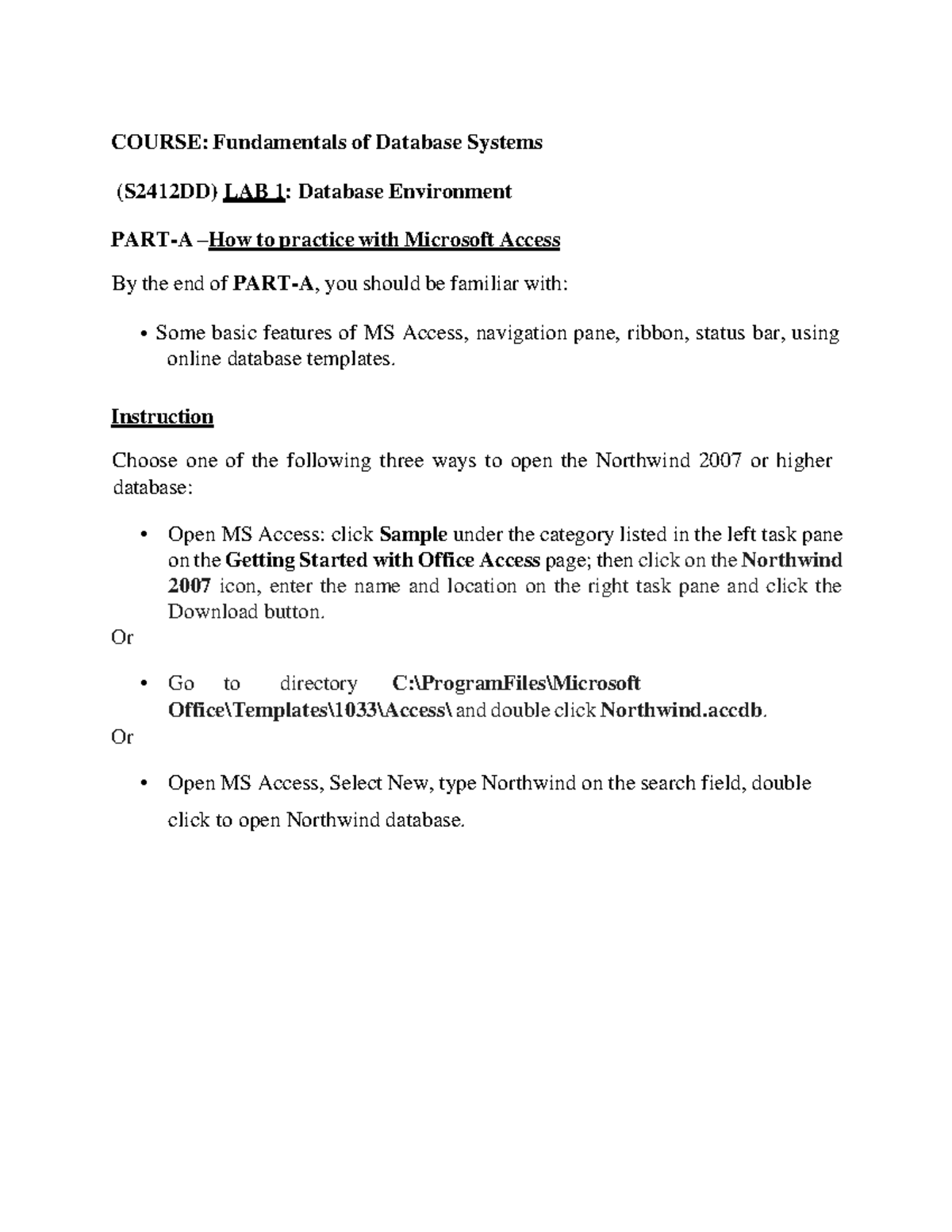 Lab1 Database Environment Course Fundamentals Of Database Systems S2412dd Lab 1 Database