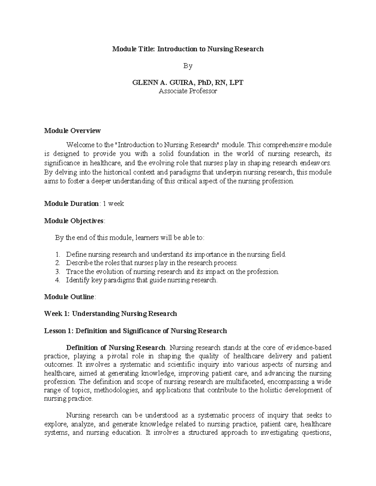 Module 1 Introduction to Nursing Research - Module Title: Introduction ...