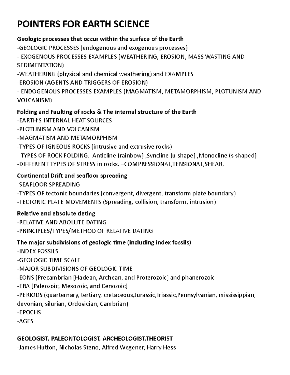 Pointers FOR Earth Science Students - POINTERS FOR EARTH SCIENCE Geologic processes that occur ...