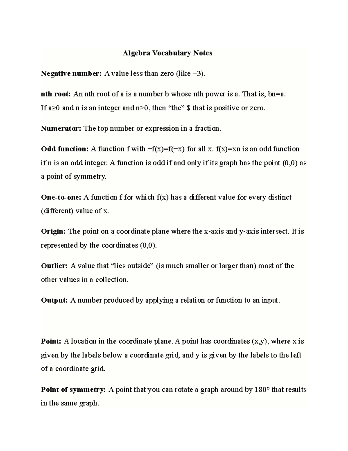 Algebra 2 - Algebra Vocabulary Notes Negative number: A value less than ...