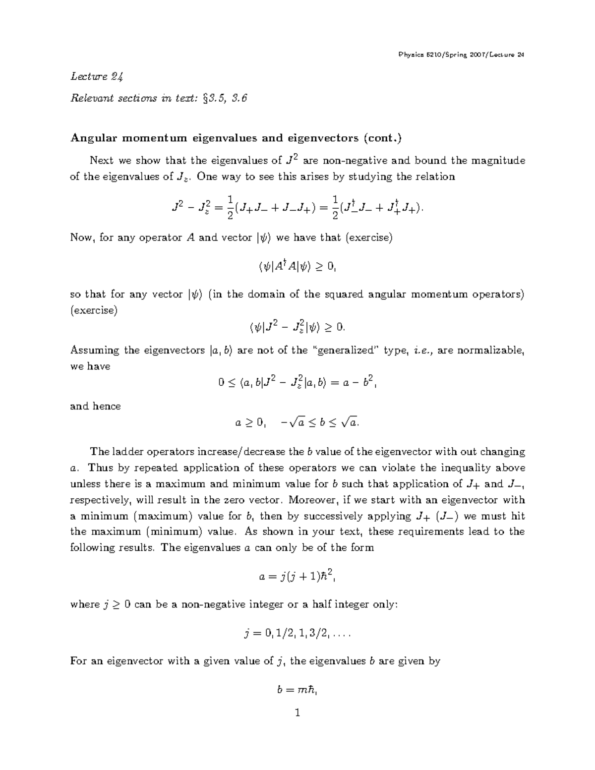 24 Pdf Angular Momentum Eigenvalues And Eigenvectors Lecture 24