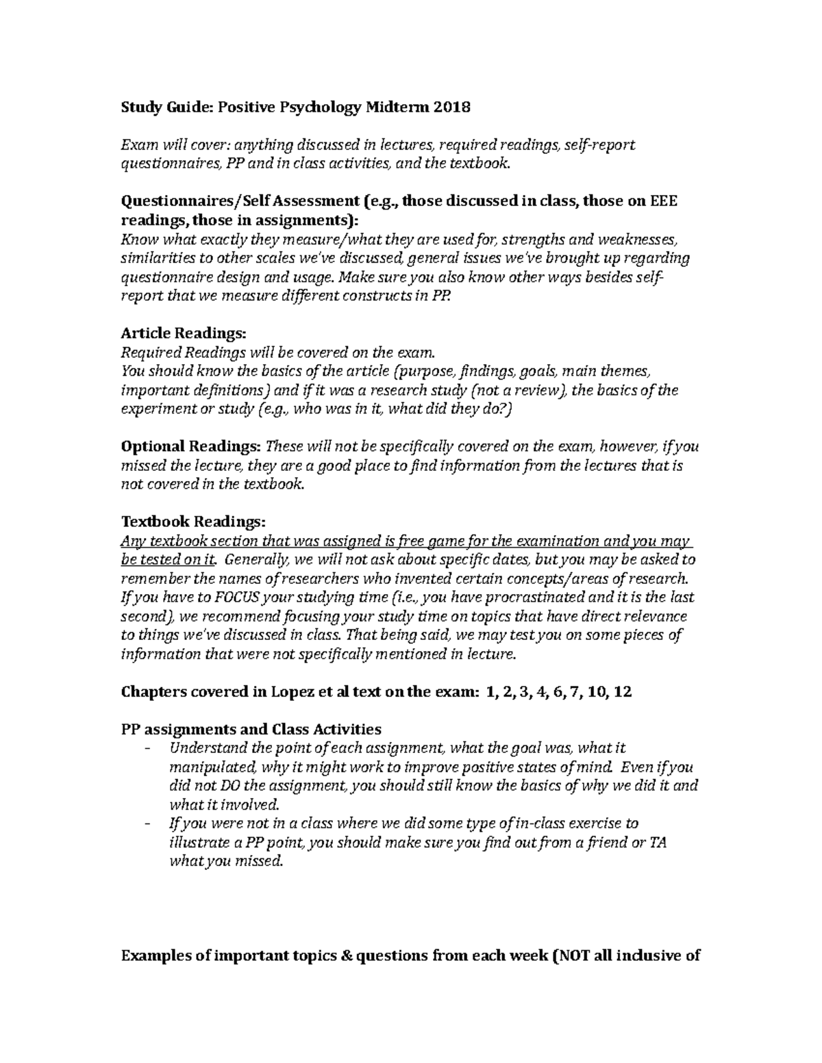 Study Guide-midterm PP 2018 - Study Guide: Positive Psychology Midterm ...