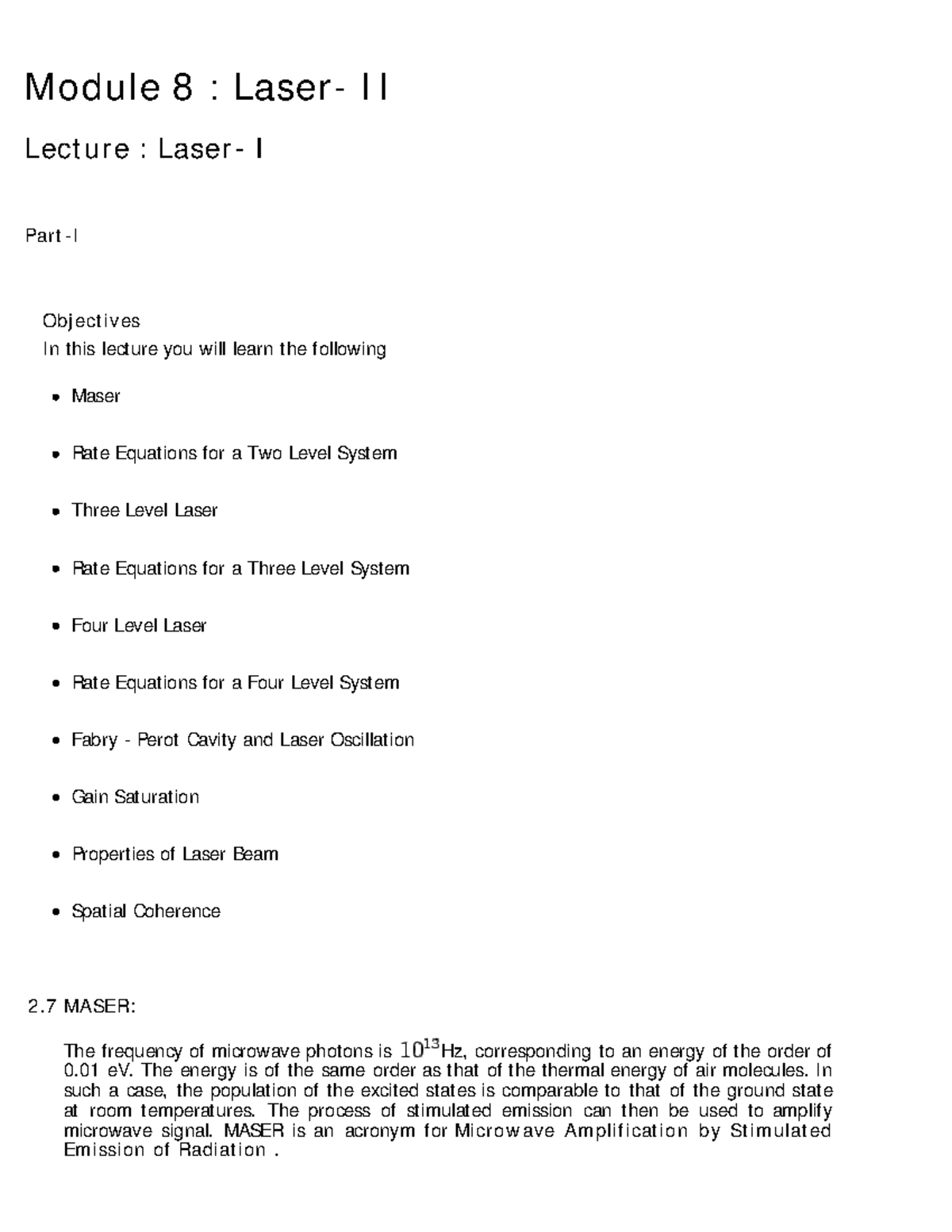 Lect8 physical chemistry - Module 8 : Laser- I I Lecture : Laser- I ...