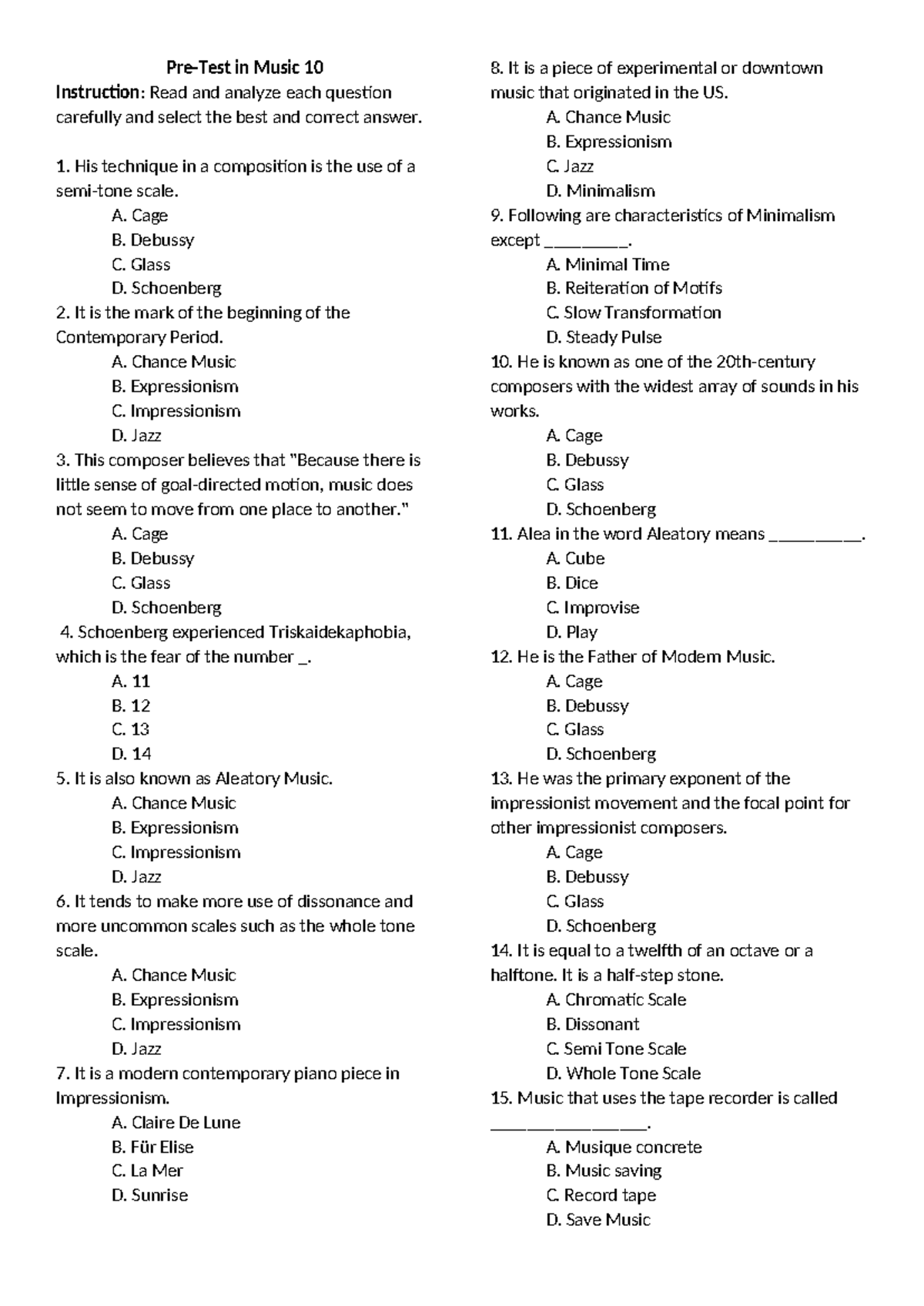 Pre-Test Q1 - These are practice items - Pre-Test in Music 10 ...